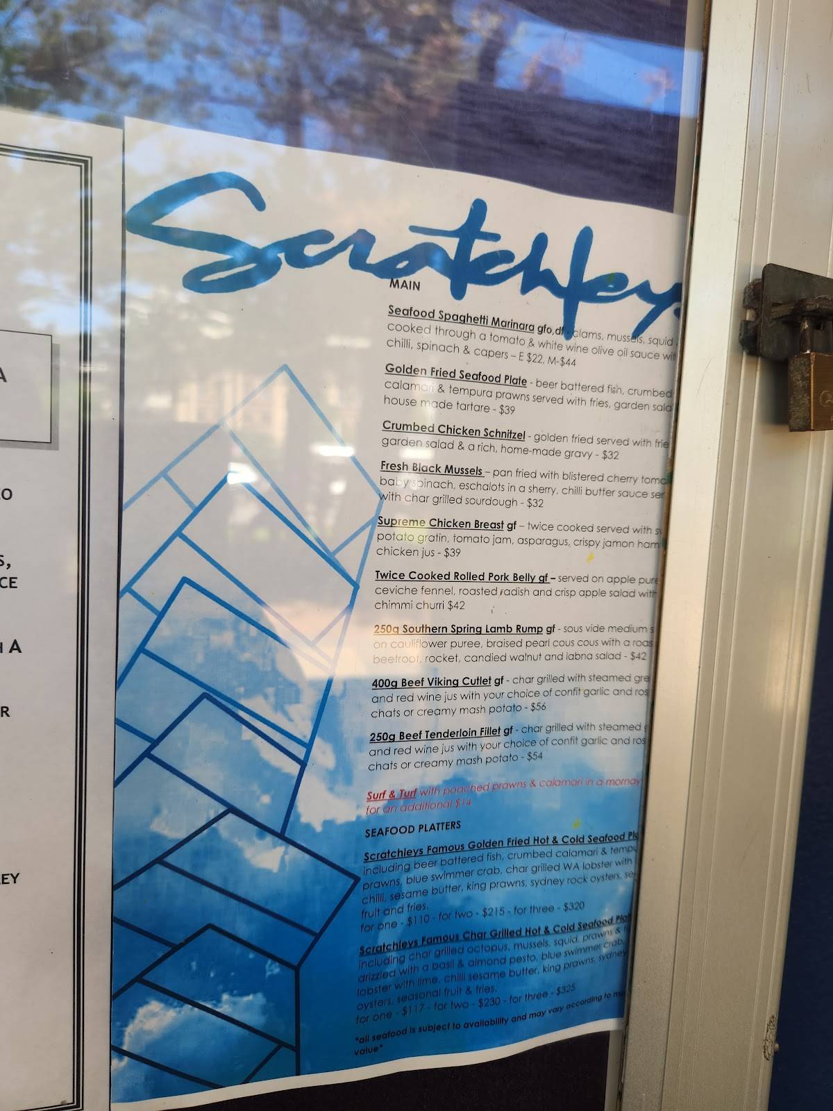 Menu at Scratchleys on the Wharf restaurant, Newcastle, 200 Wharf Rd