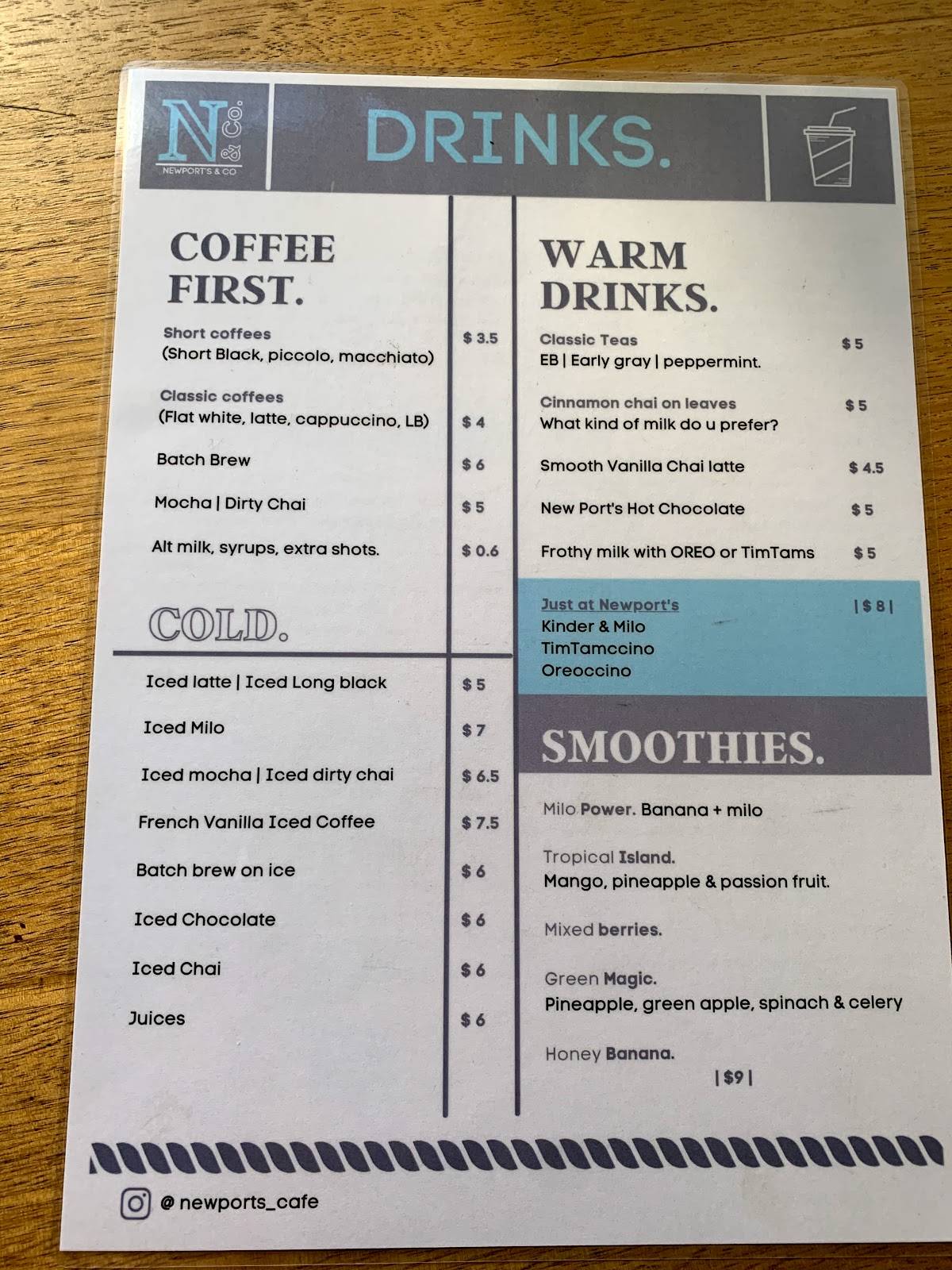 Menu at Newport's Cafe, South Brisbane