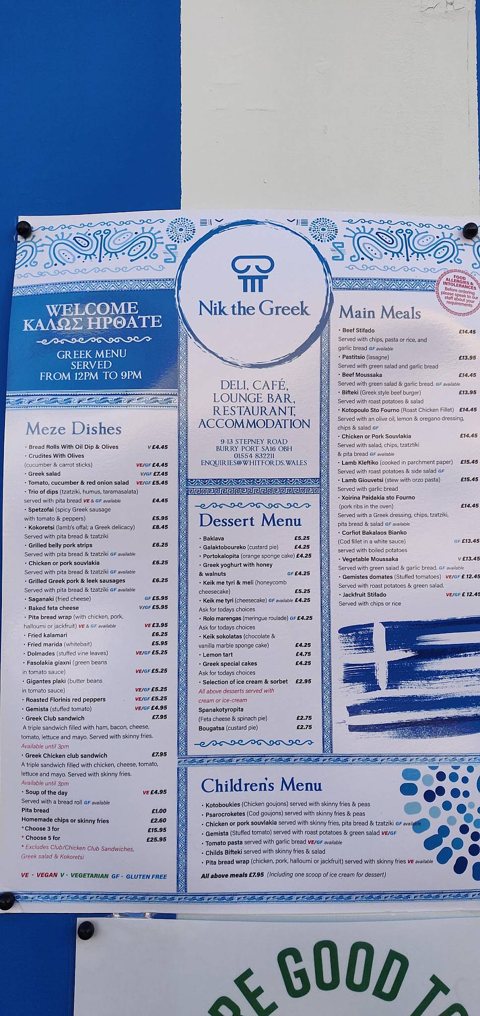 Menu at Nik The Greek restaurant, Burry Port