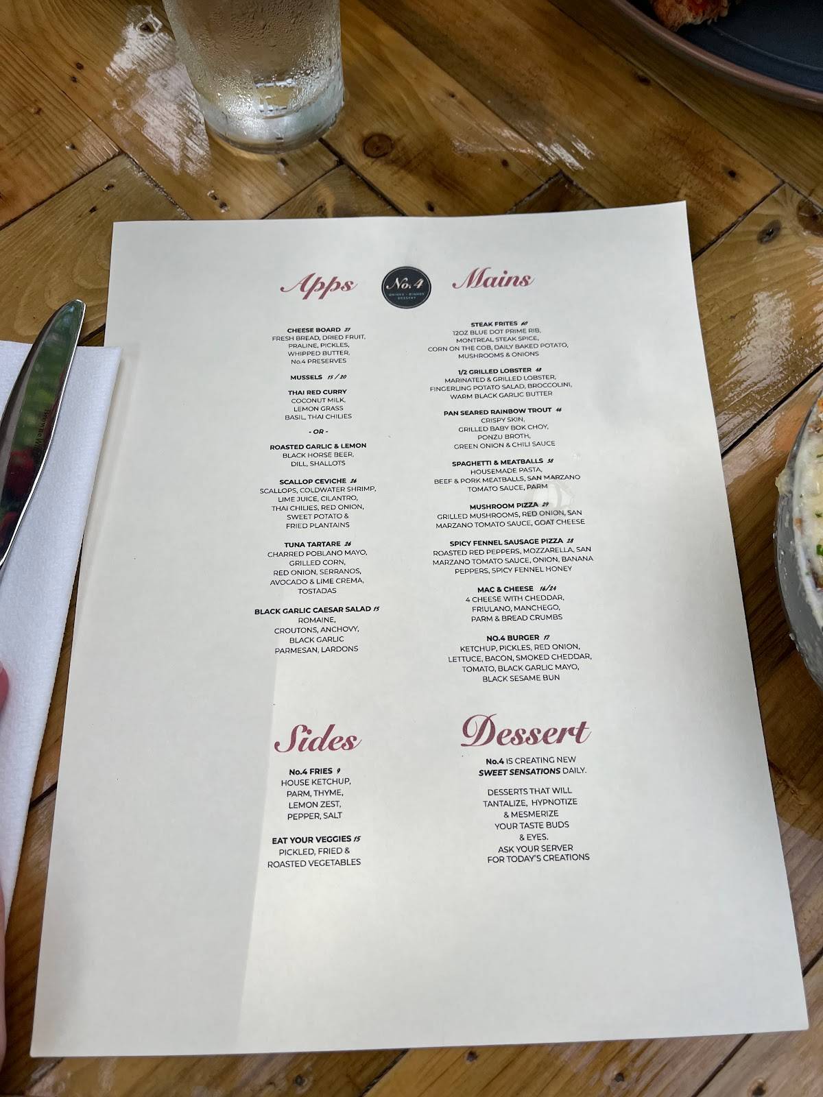 Menu at No. 4 Restaurant & Bar, St. John's