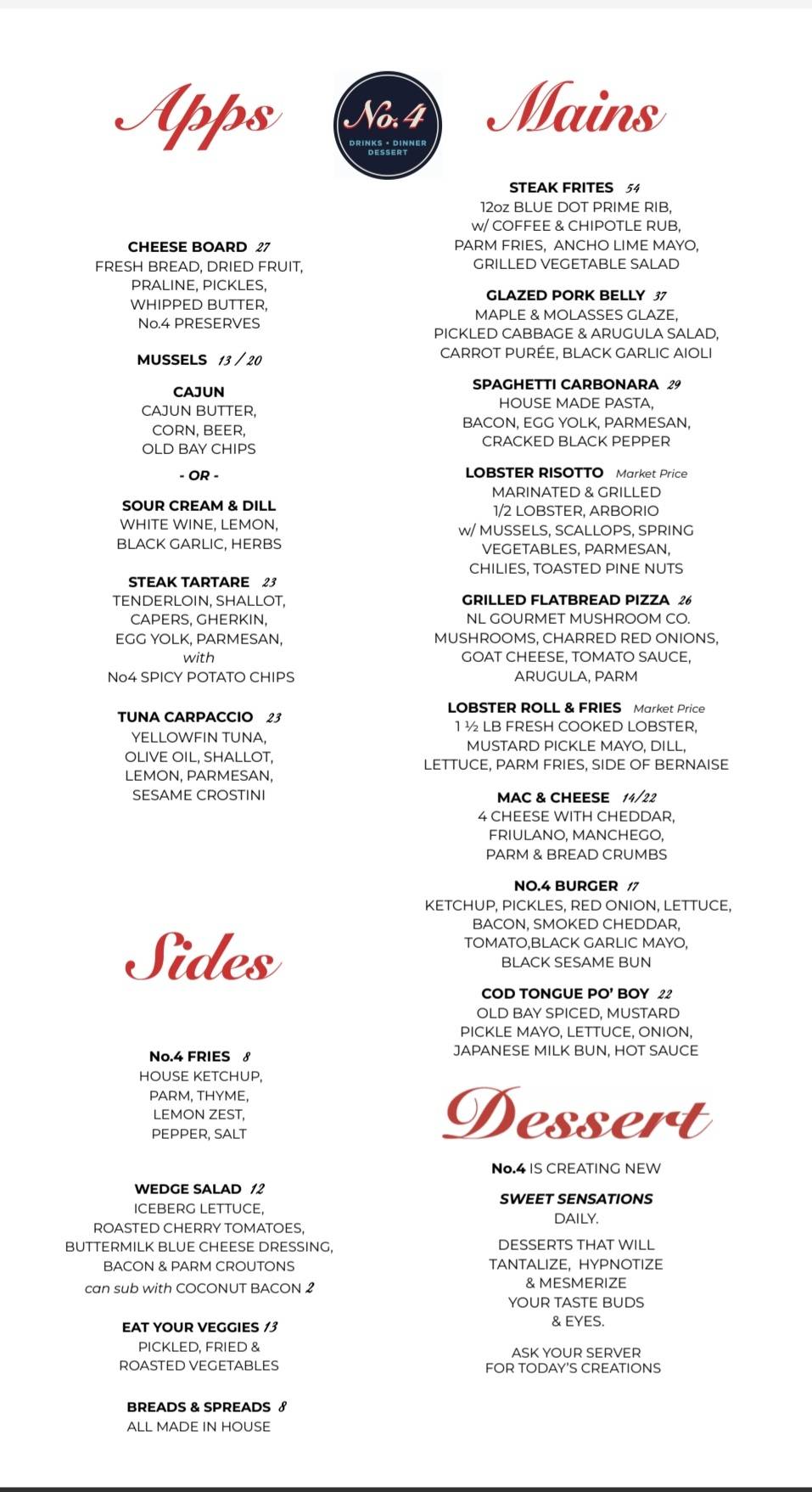 Menu at No. 4 Restaurant & Bar, St. John's