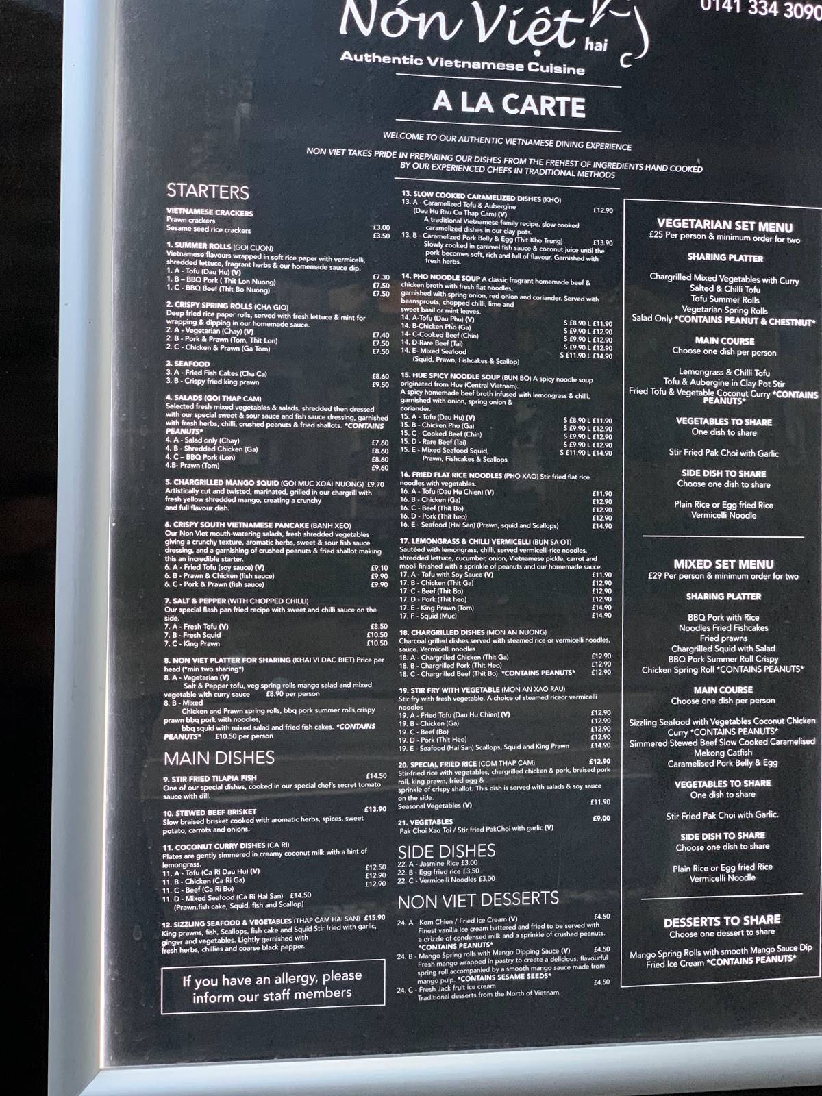 Menu at Non Viet Restaurant, Glasgow, 609 Great Western Rd