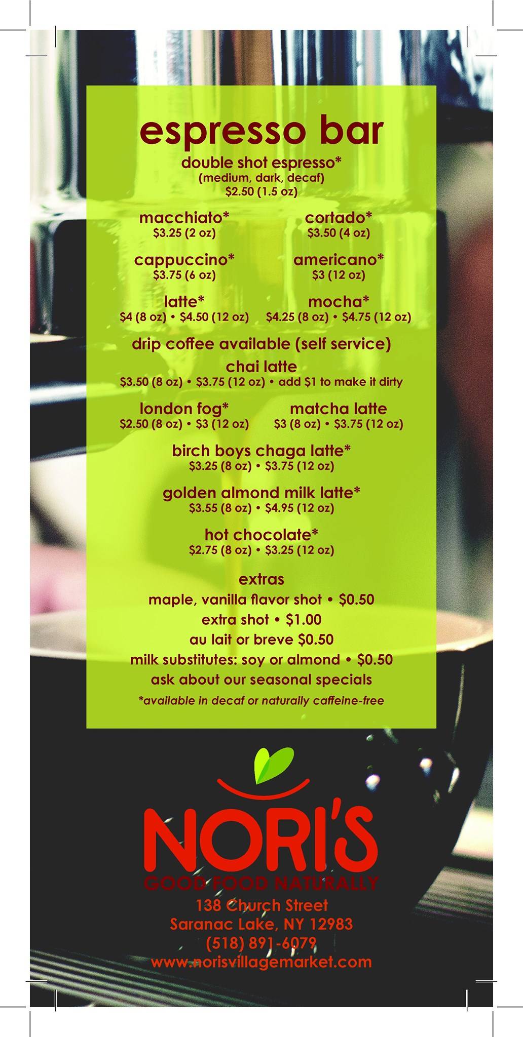 Menu at Nori's cafe, Saranac Lake
