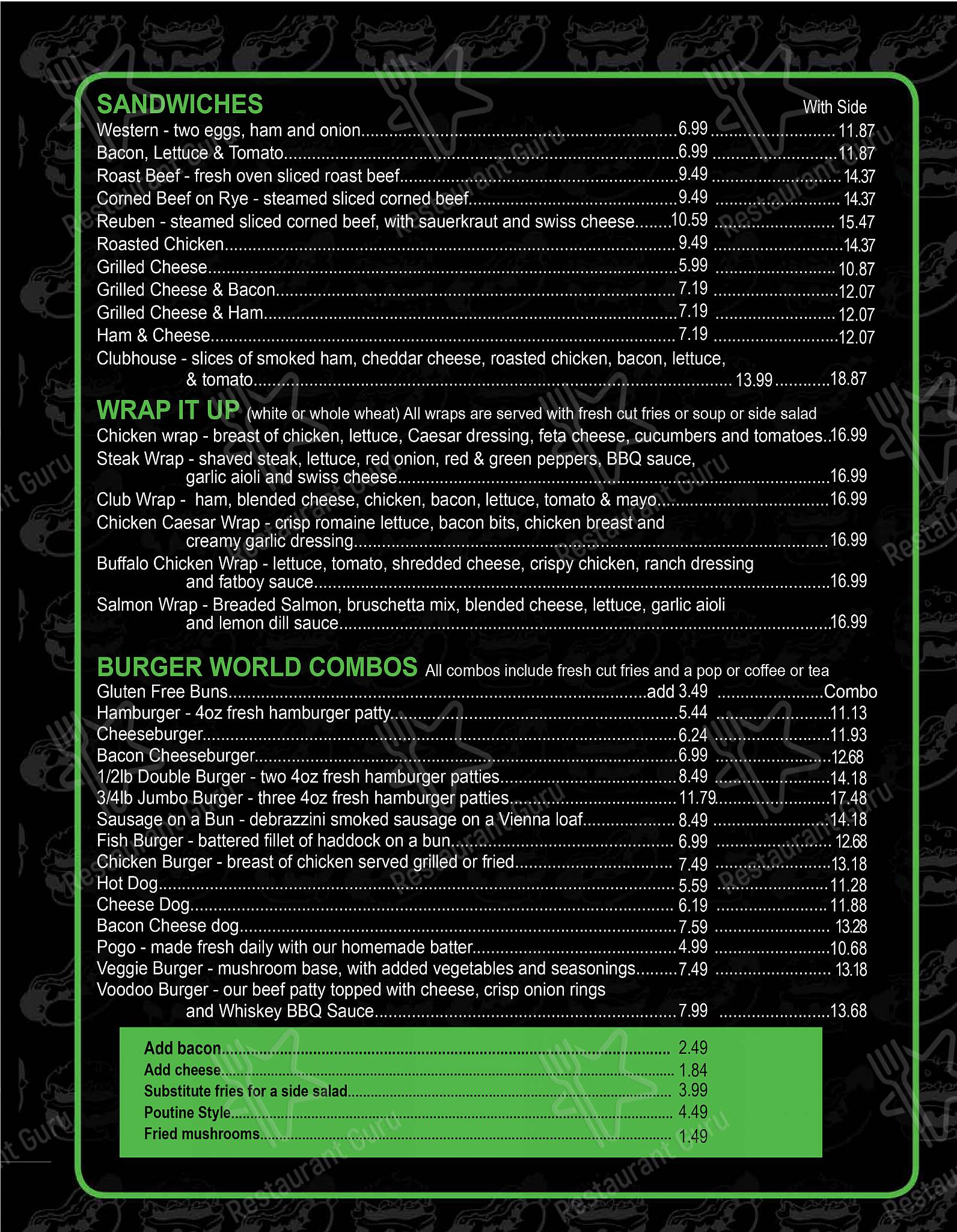 Menu at Burger World restaurant, North Bay, Algonquin Ave