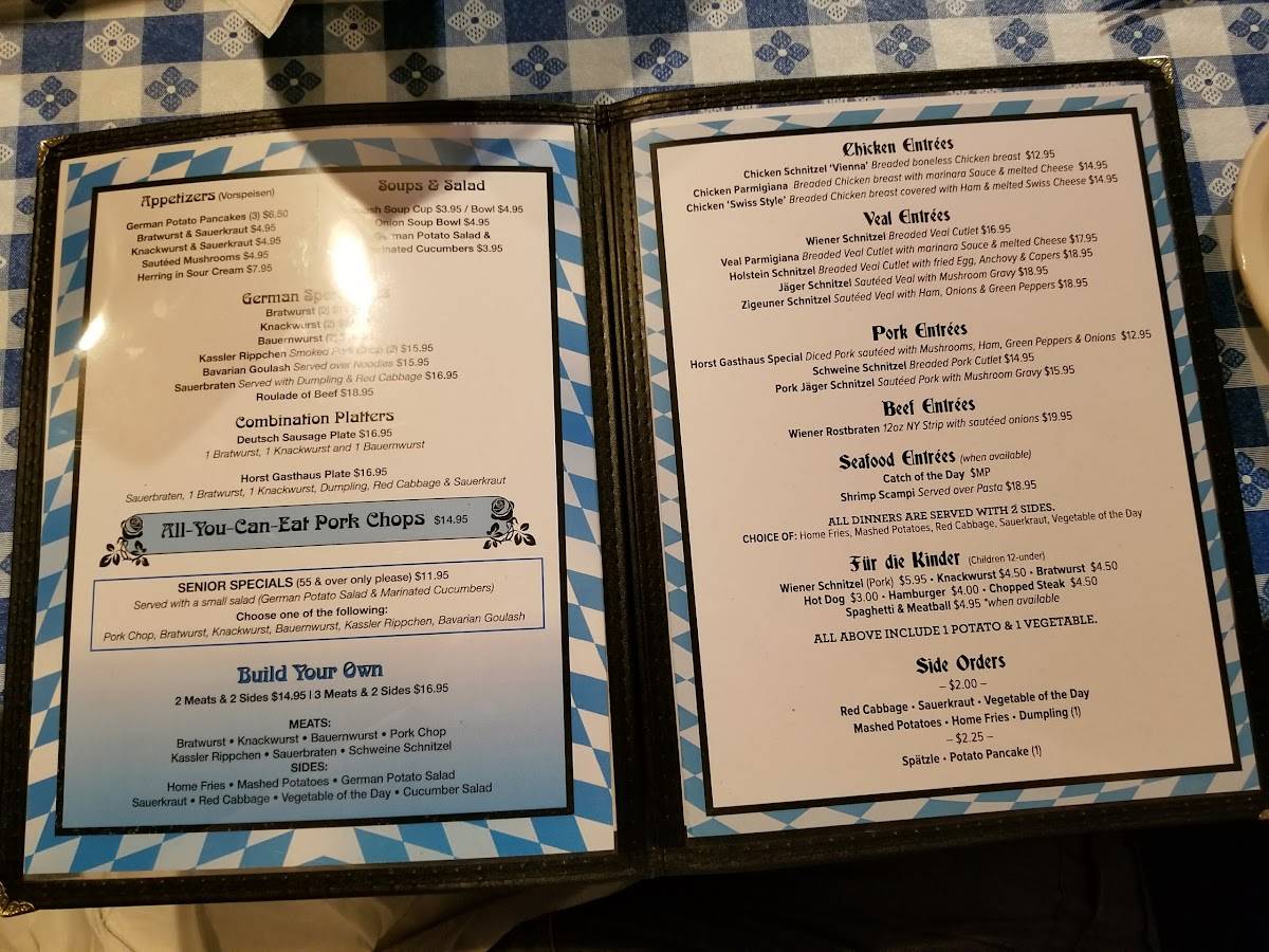 Menu at Horst Gasthaus restaurant, North Myrtle Beach