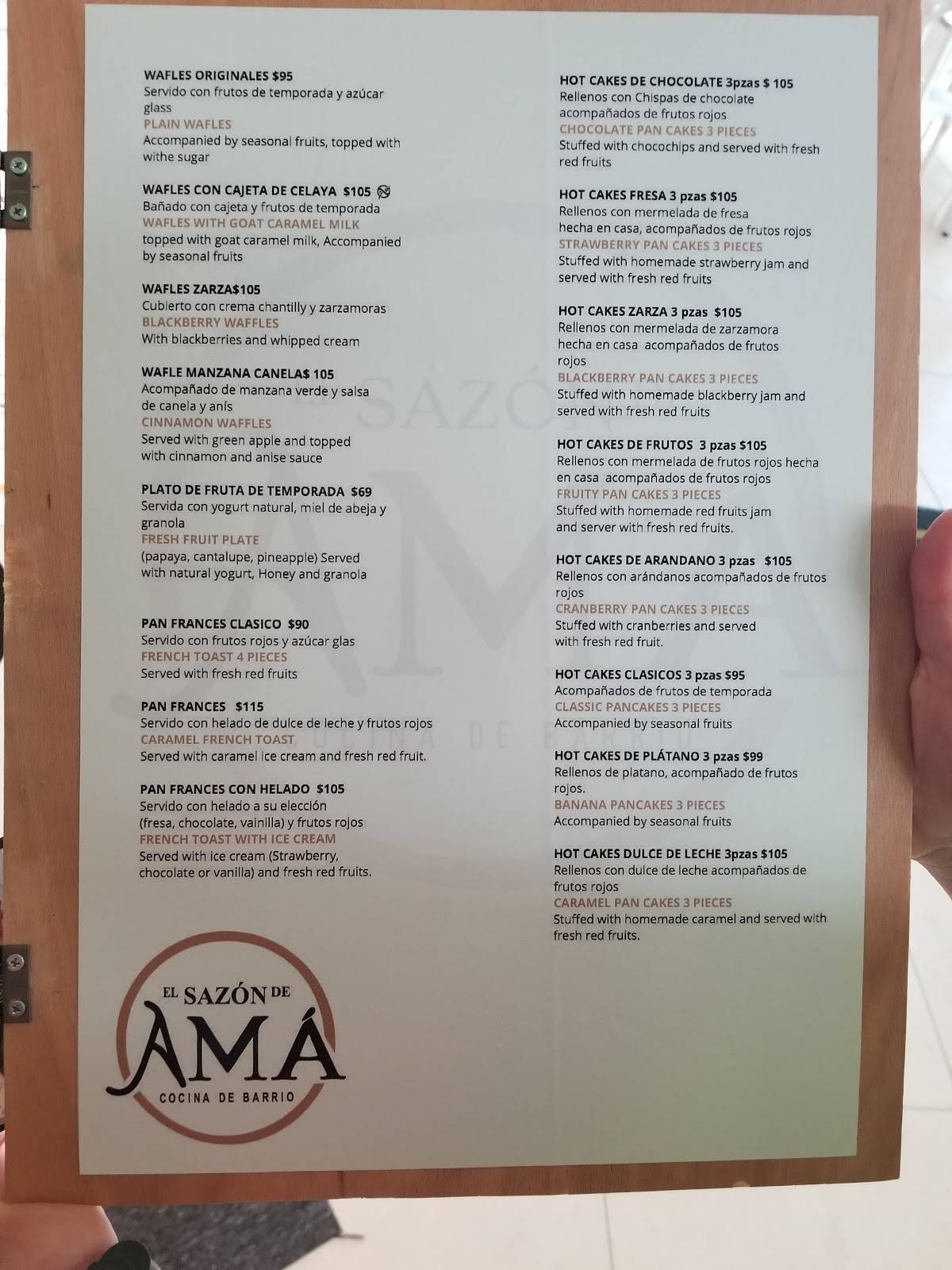 Menu at El Sazón de Amá restaurant, Nuevo Vallarta
