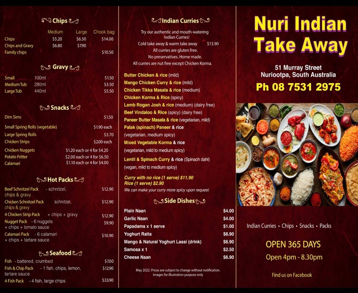 Menu at Nuri Indian Takeaway restaurant, Nuriootpa