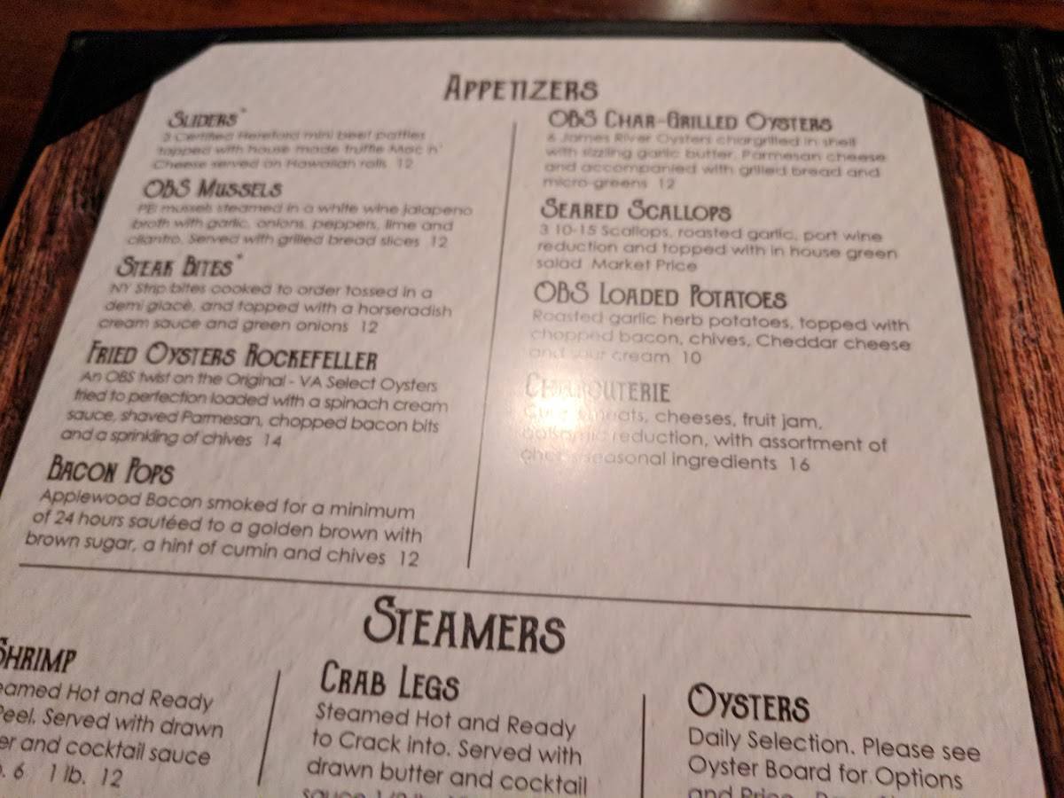 Menu at OBS Oyster Bar And Steaks, Virginia Beach