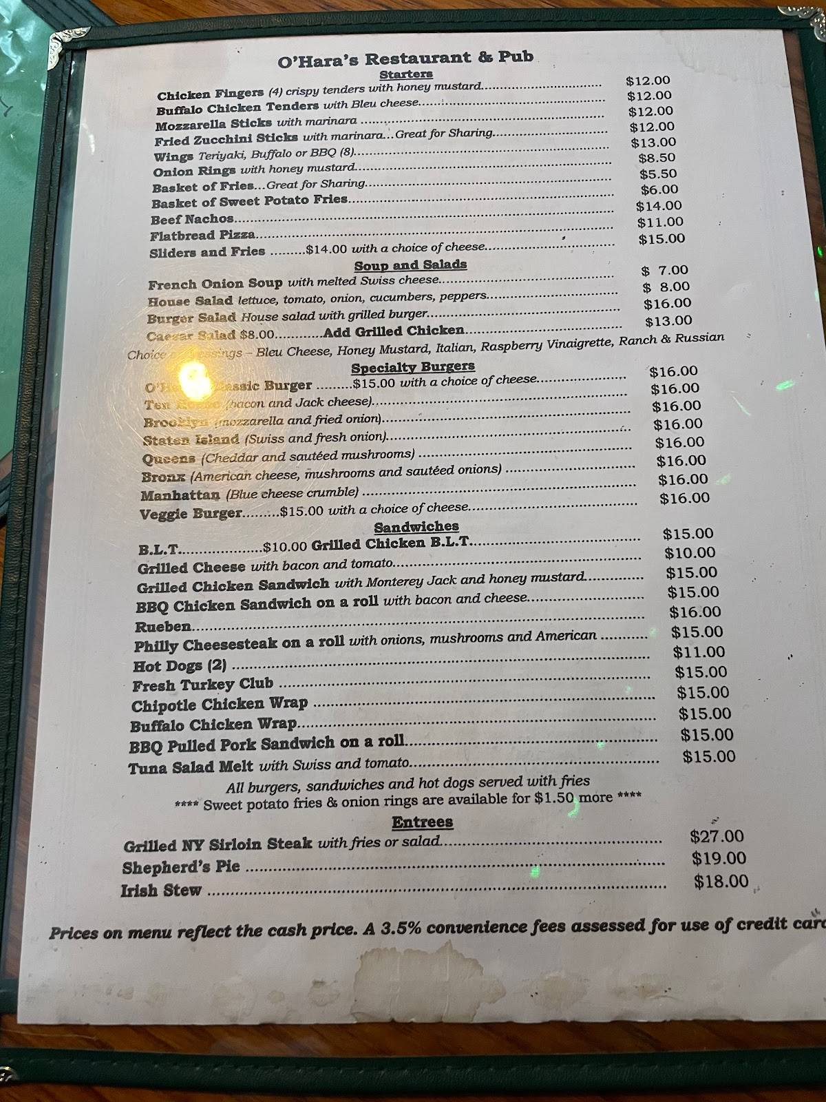 Menu at O'Hara's Restaurant and Pub, New York City