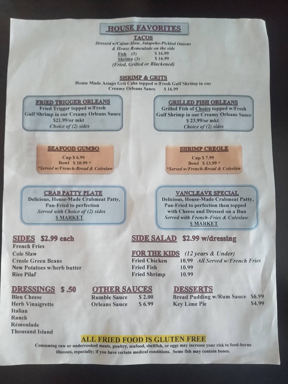 Menu at Off the Hook restaurant, Pascagoula