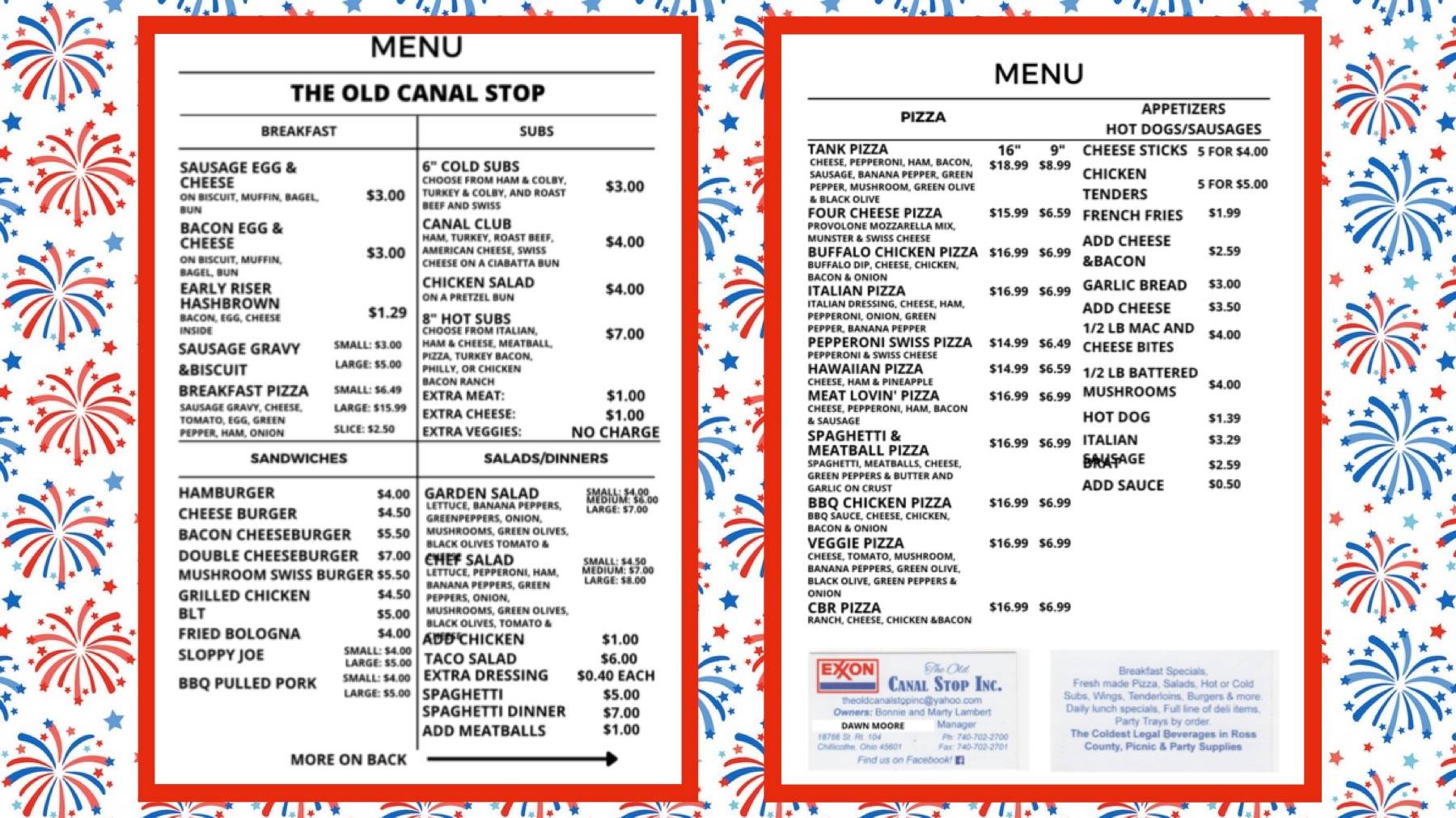 Menu at Old Canal Stop restaurant, Chillicothe