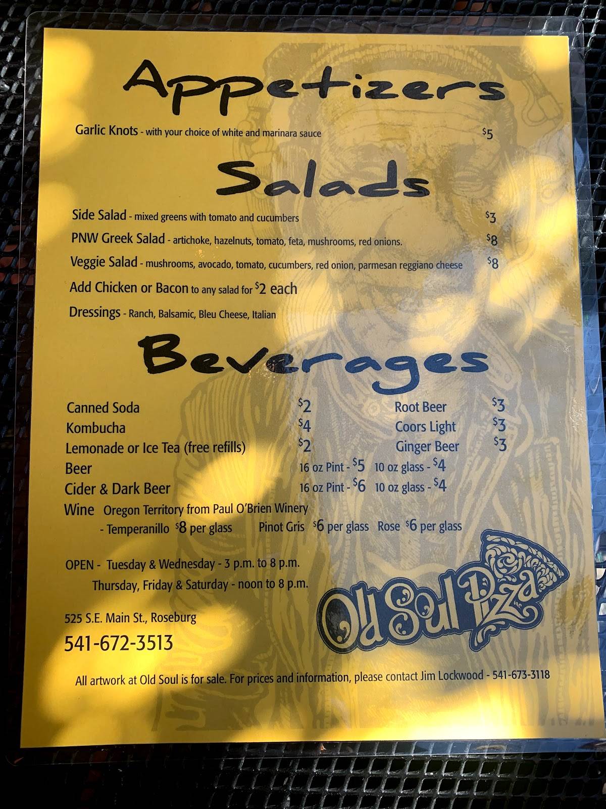 Menu at Old Soul Pizza pizzeria, Roseburg, 525 SE Main St
