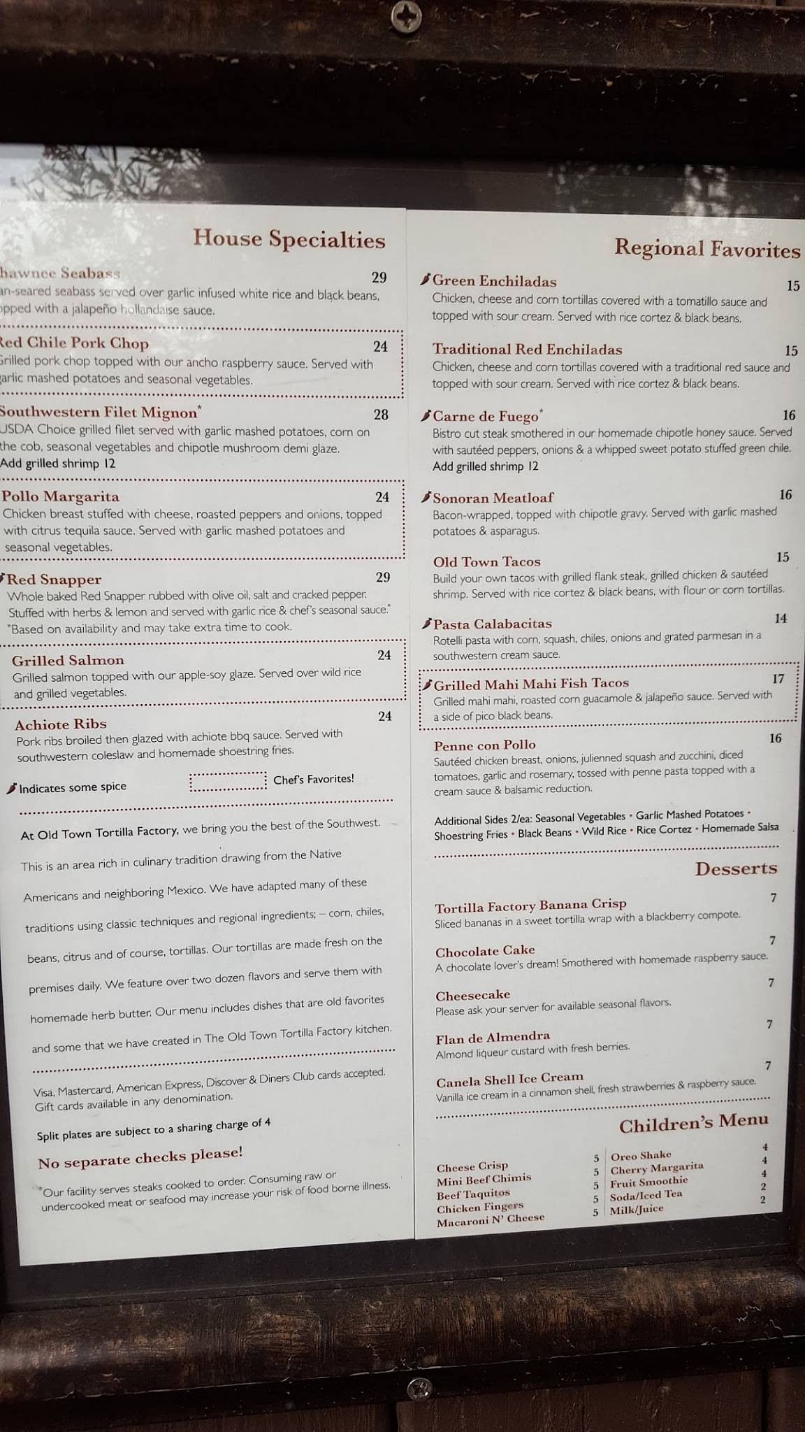 Menu at Old Town Tortilla Factory pub & bar, Scottsdale