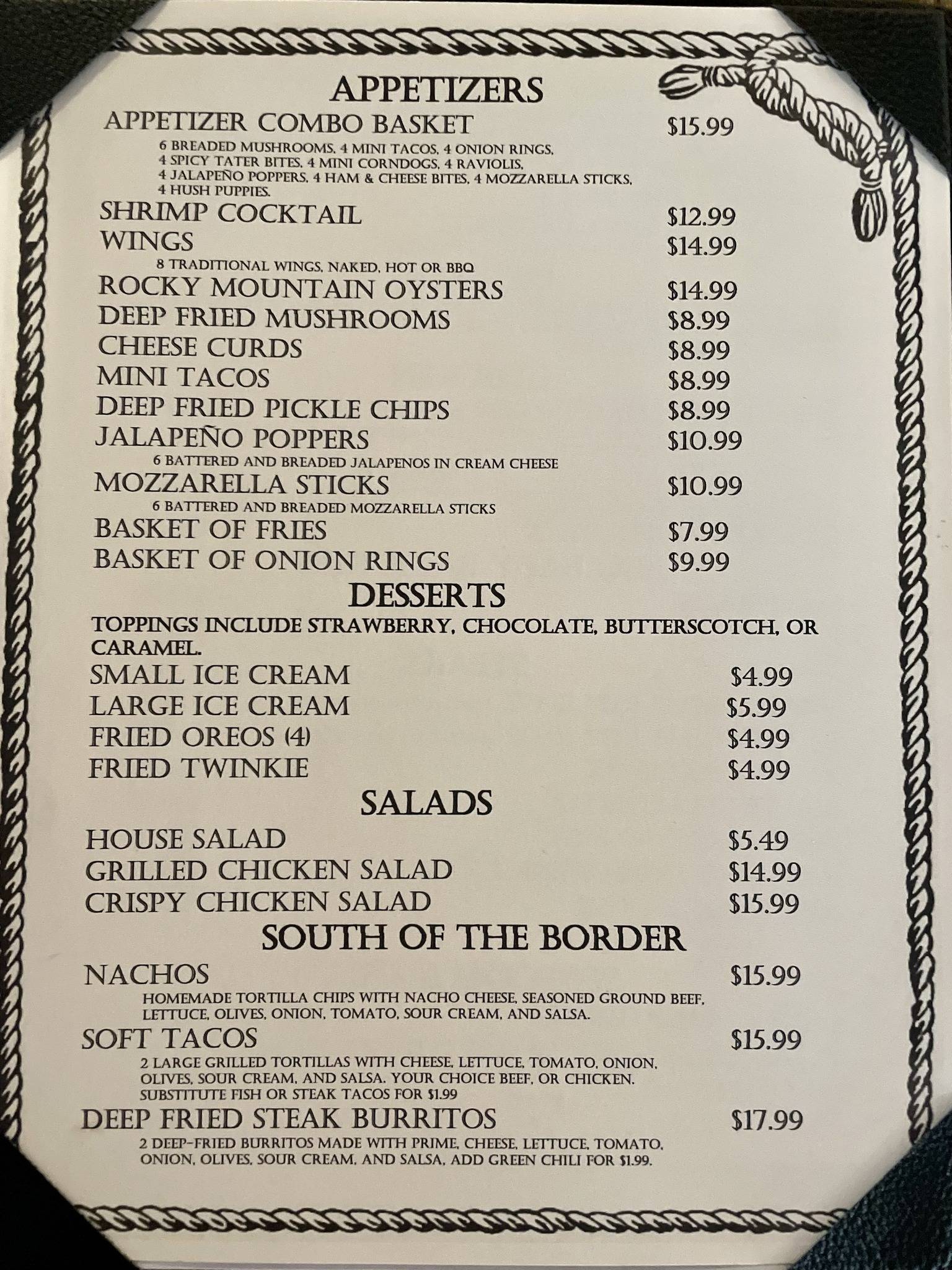 Menu at Old Western Saloon, Steakhouse & Liquor Store, Glendo