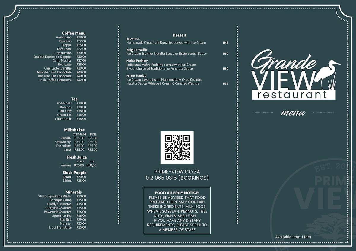 Menu at Prime View Adventure & Leisure restaurant, Olifantsfontein