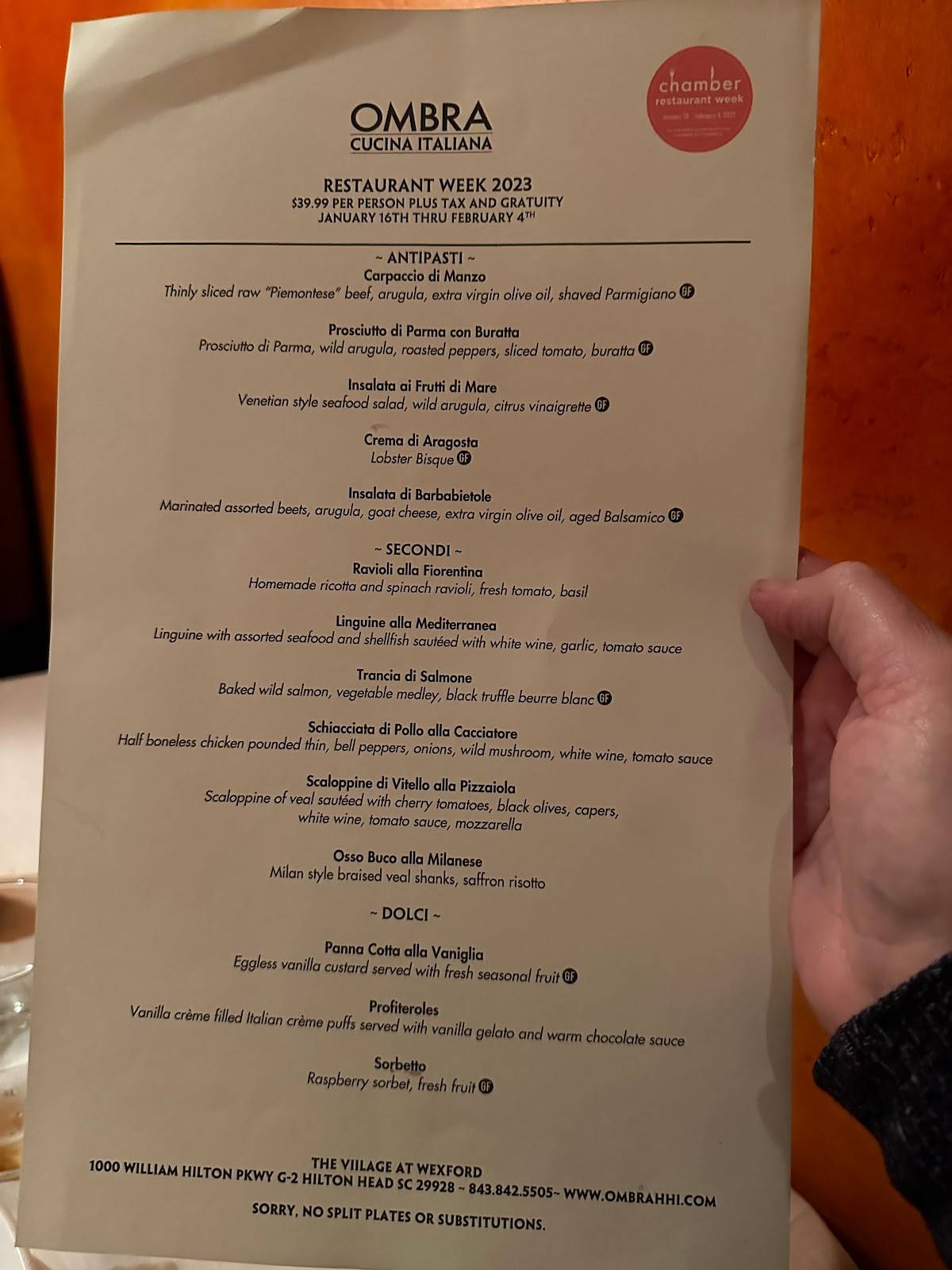 Menu at Ombra Cucina Italiana restaurant, Hilton Head Island