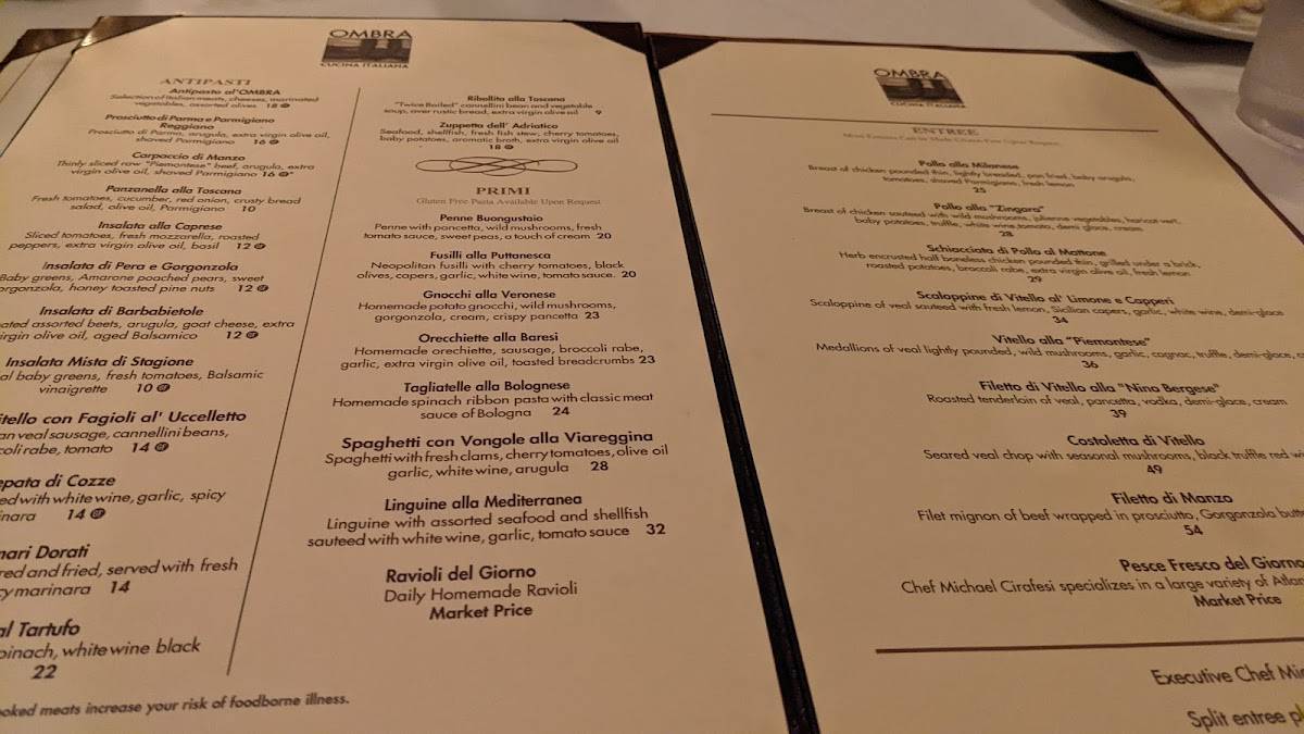 Menu at Ombra Cucina Italiana restaurant, Hilton Head Island