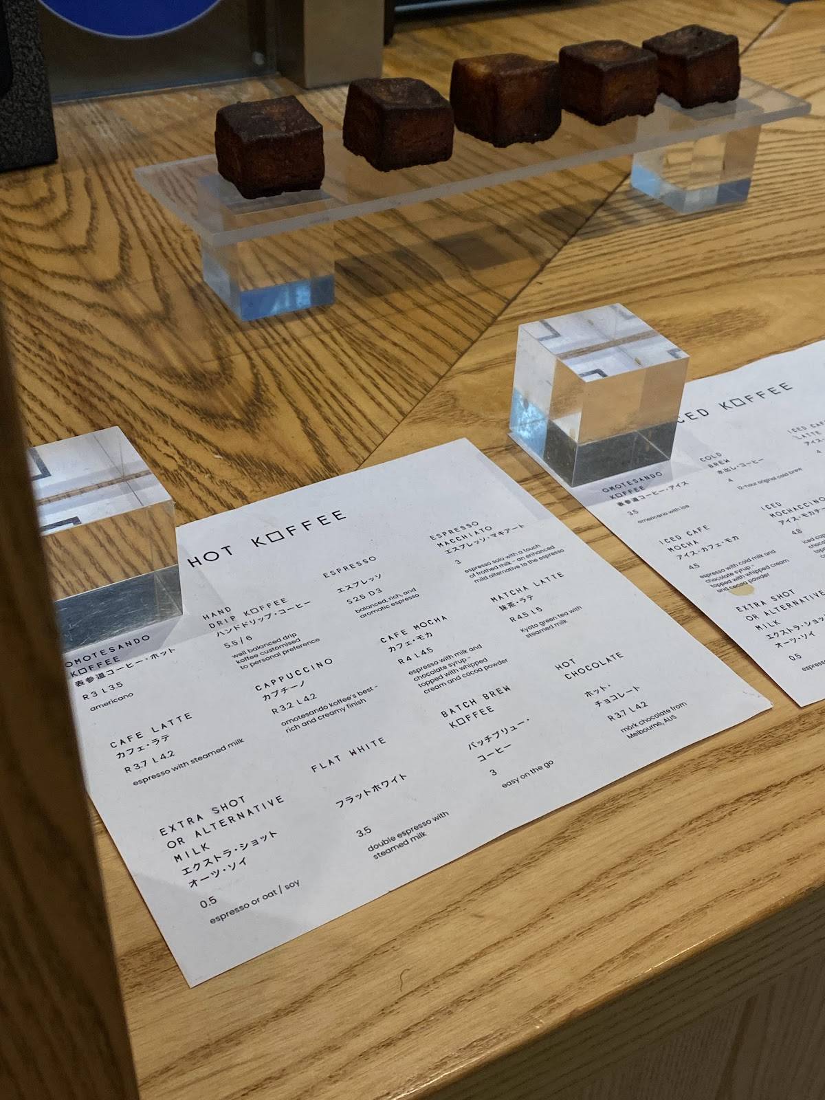 Menu at Omotesando Koffee cafe, London, 8 Newman St