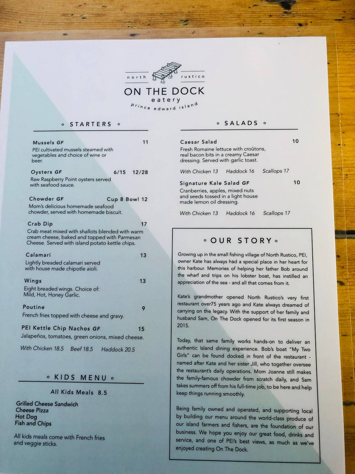 Menu at On The Dock restaurant, North Rustico
