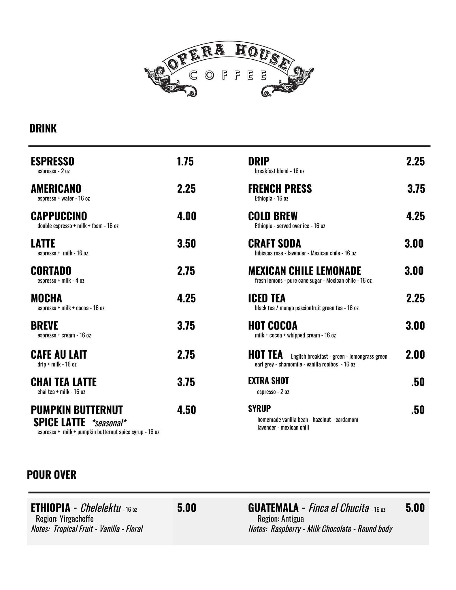 Menu at Opera House Coffee cafe, Durant