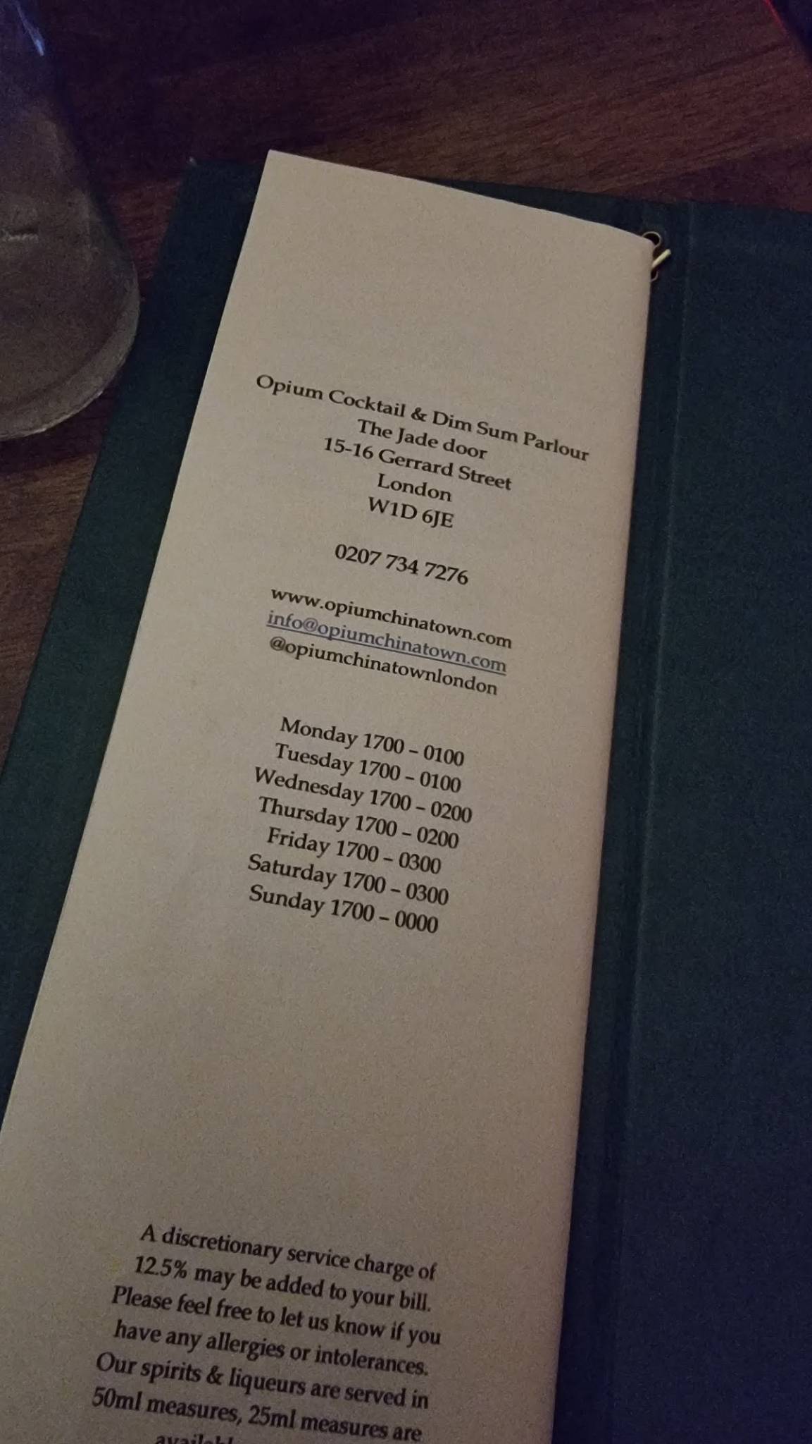 Carta de Opium Cocktail Bar - Soho, Londres, 15-16 Gerrard St