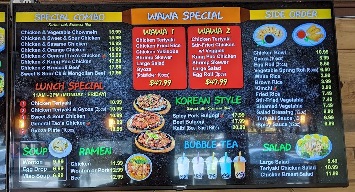 Menu at Wawa Teriyaki restaurant, Orting
