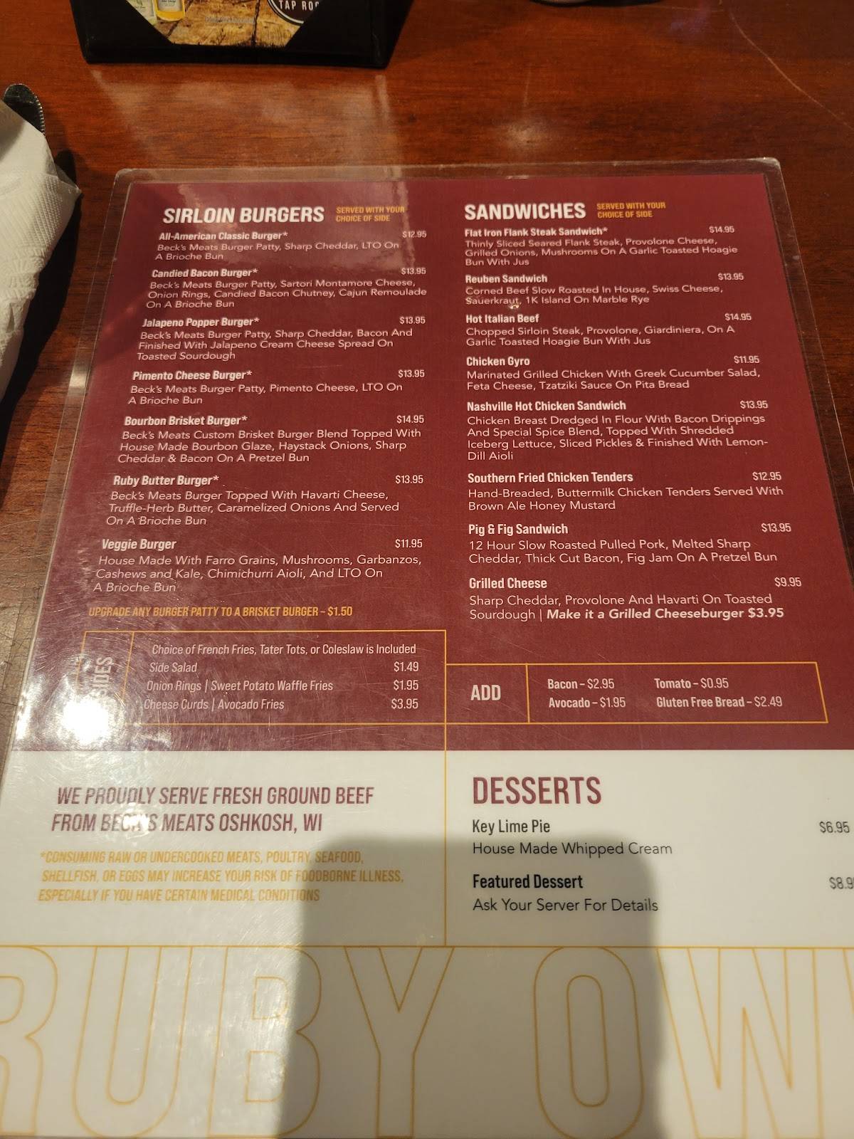 Menu at The Ruby Owl Tap Room pub & bar, Oshkosh