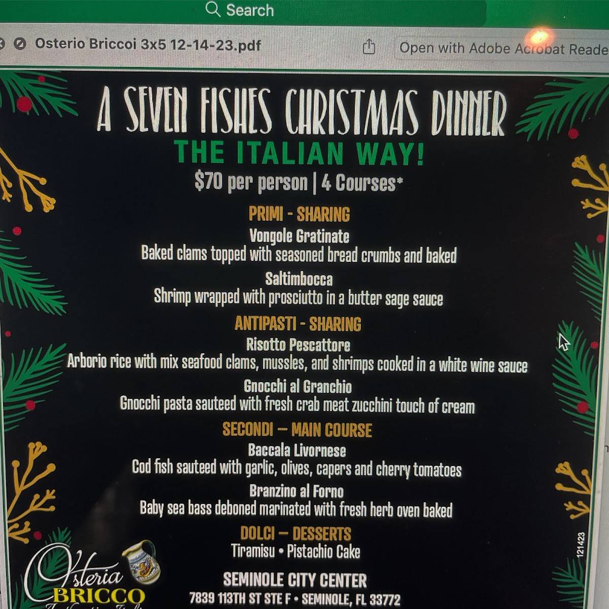 Menu at Osteria Bricco pizzeria, Seminole