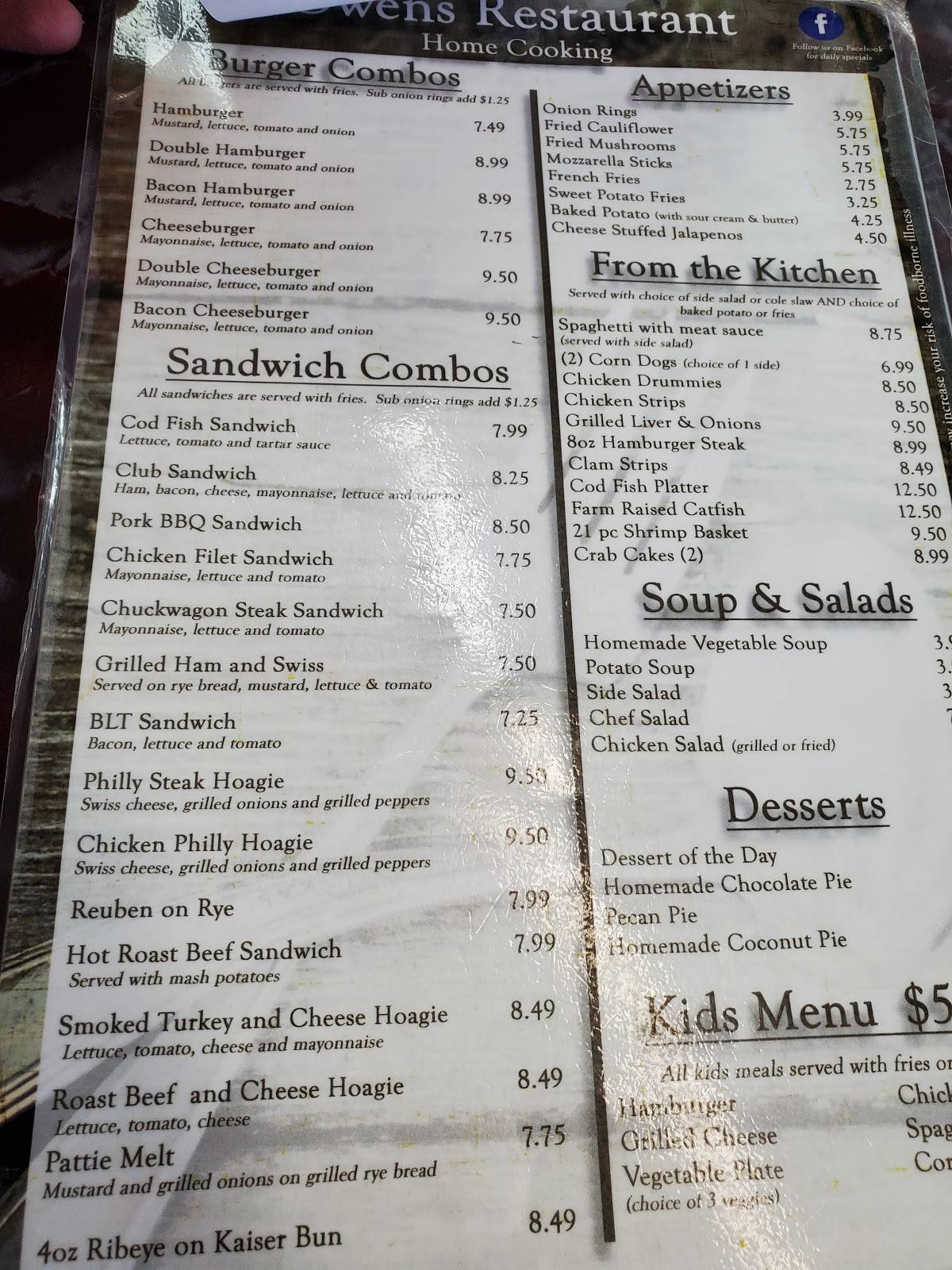 Menu at Owen's restaurant, Dandridge