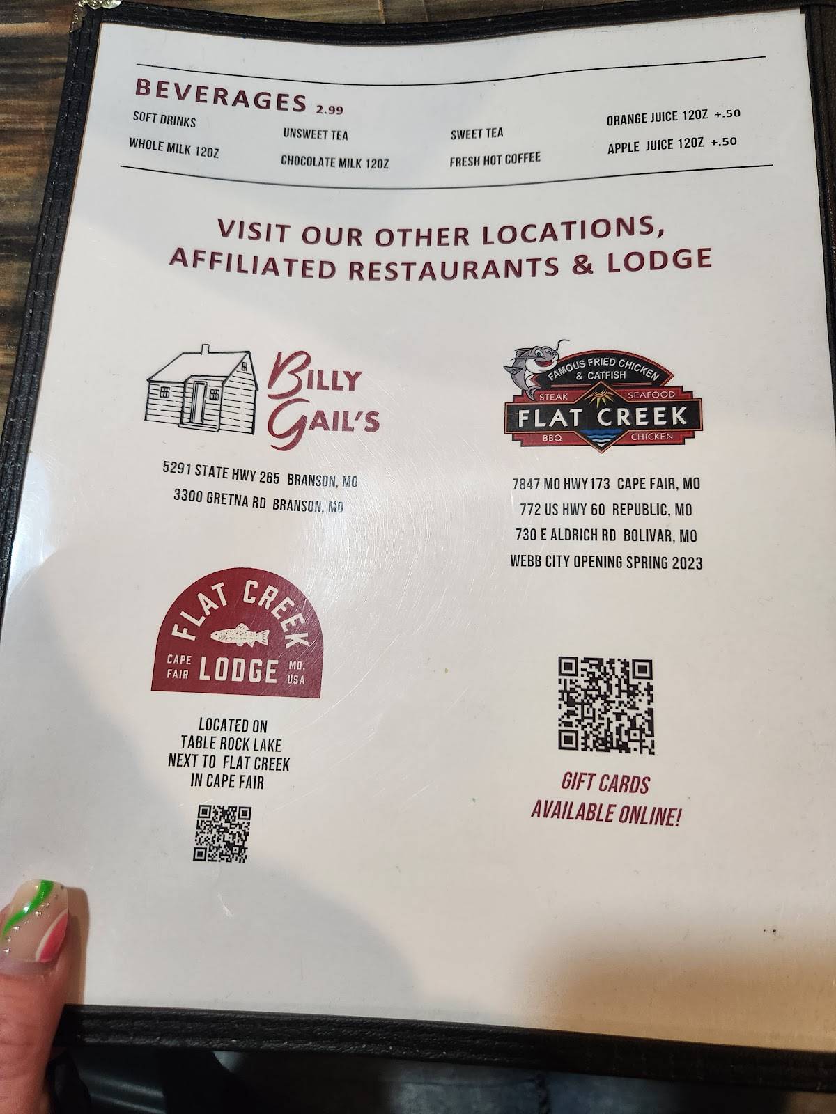 Menu at Billy Gail's - Ozark, MO restaurant, Ozark