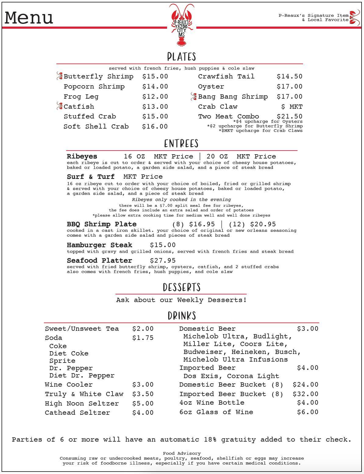 Menu at P-Reaux's Cajun Mudbugs restaurant, Yazoo City