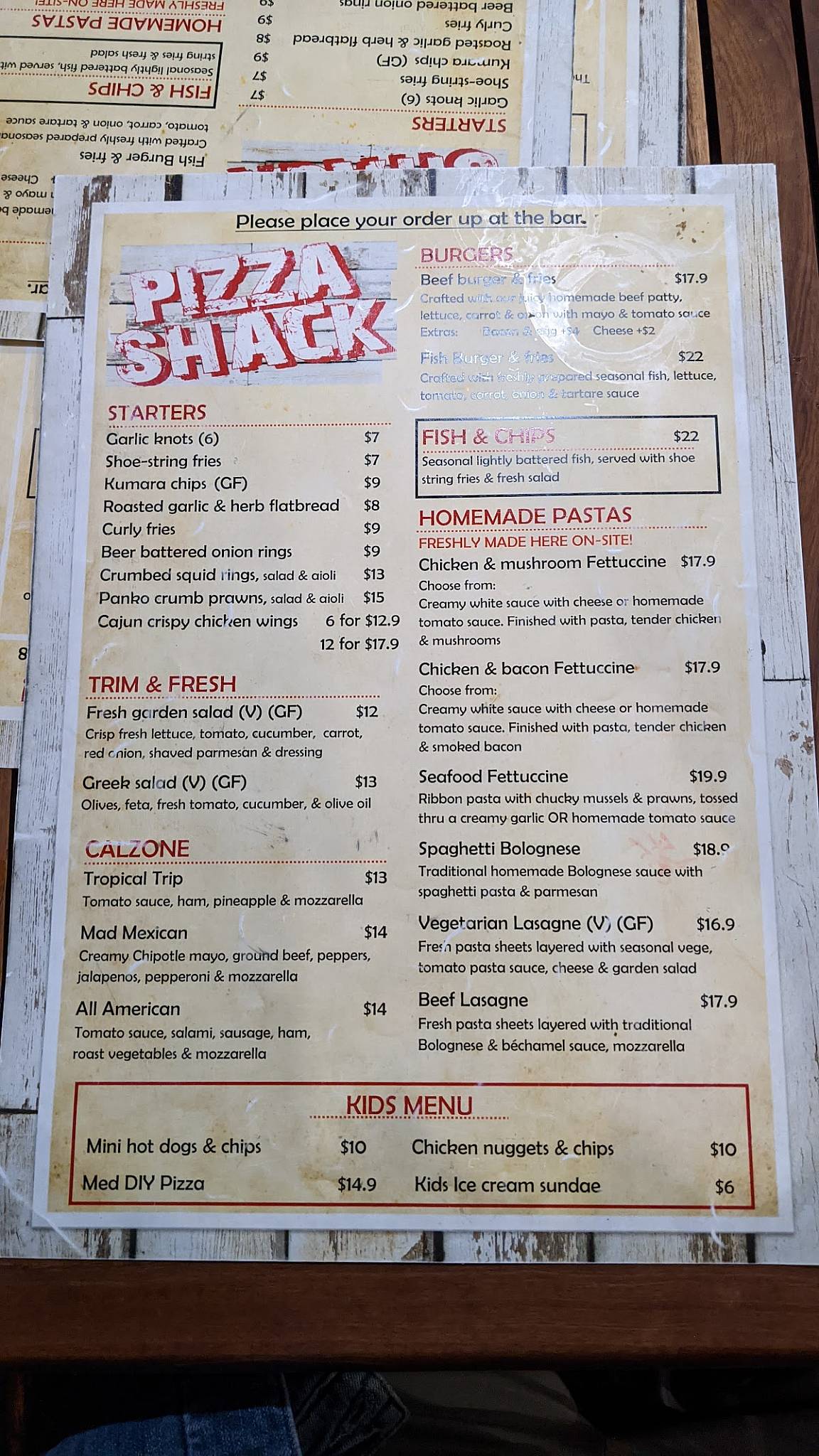 Menu at PIZZA SHACK pizzeria, Paihia