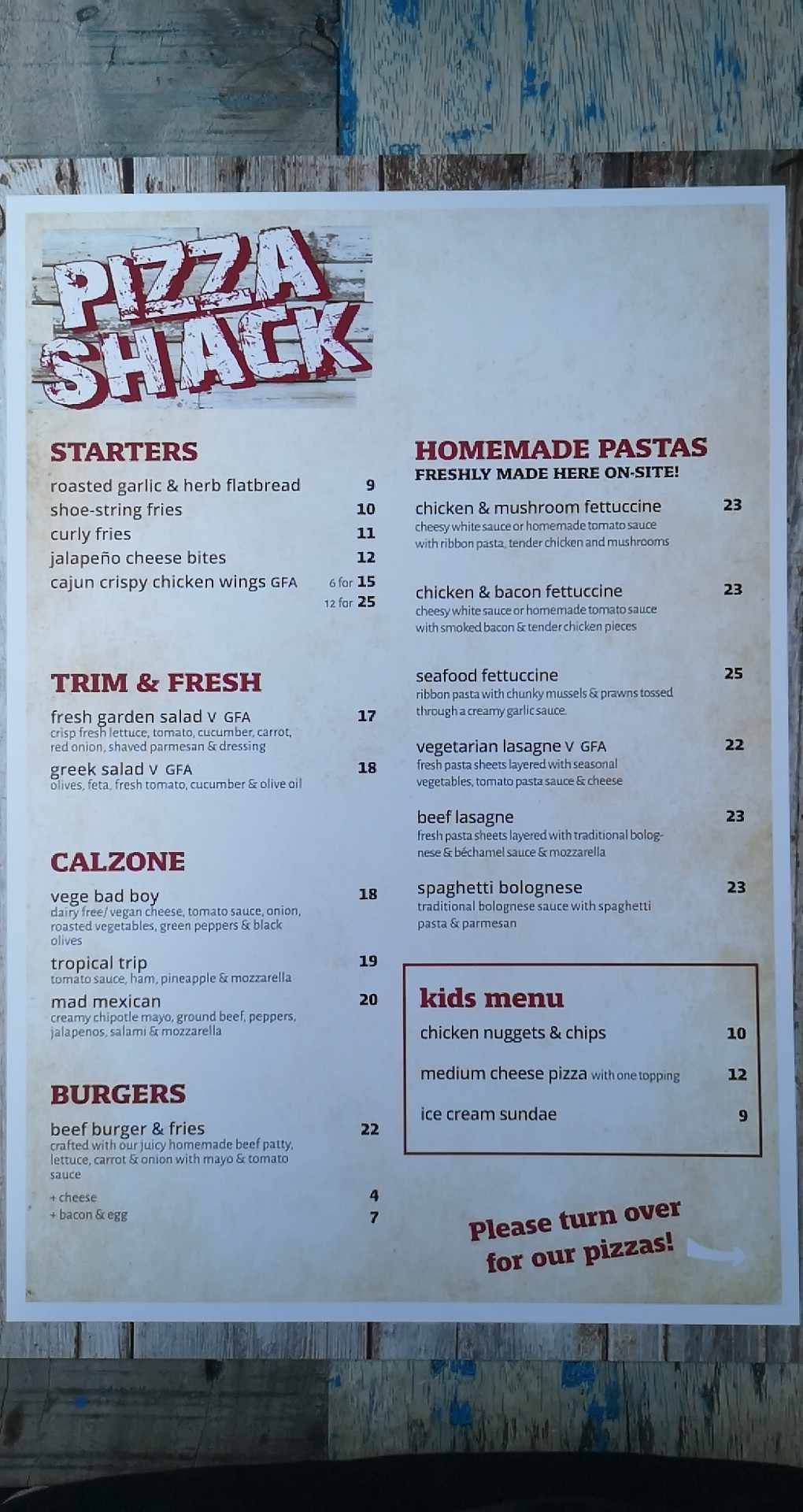 Menu at PIZZA SHACK pizzeria, Paihia