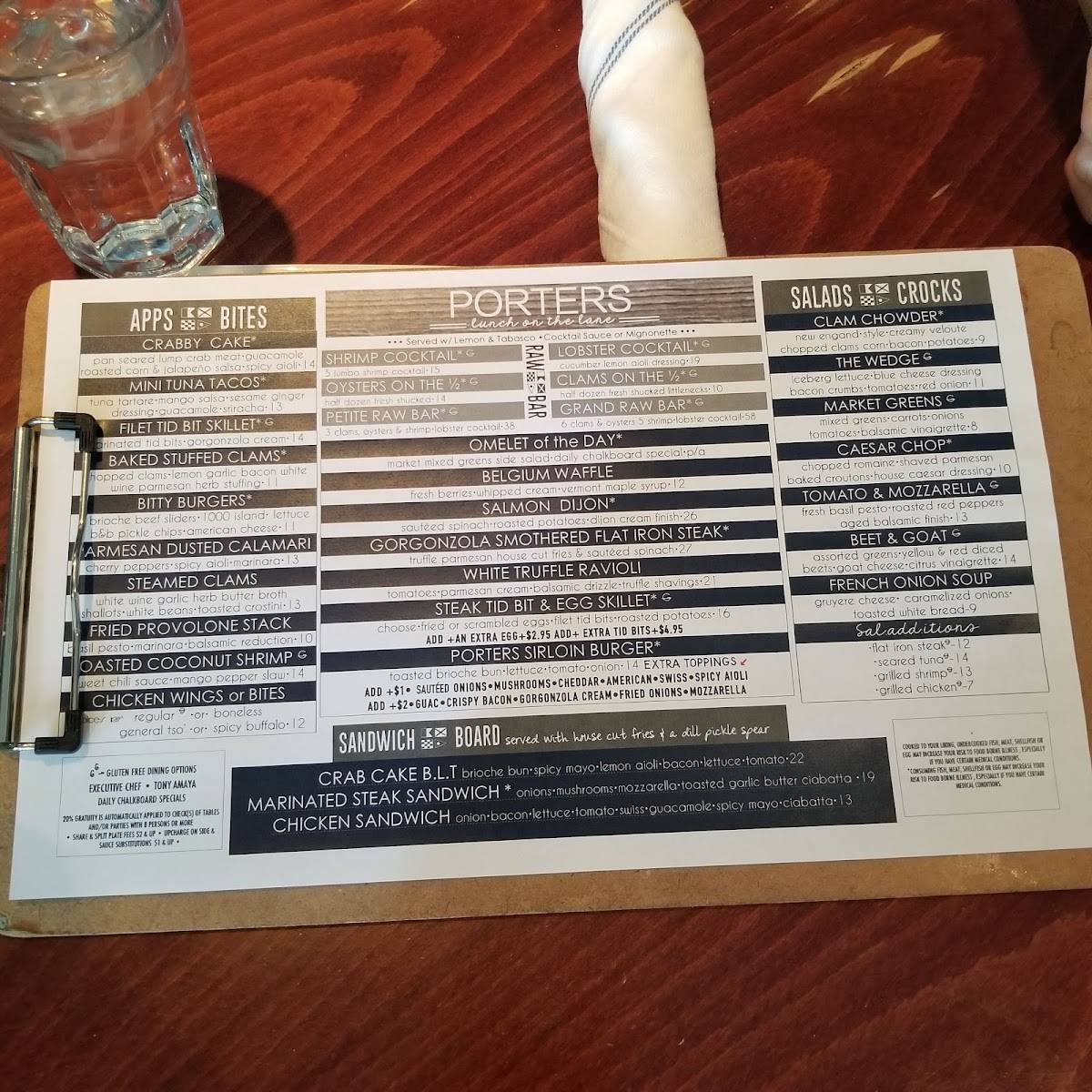 Menu at PORTERS on the lane restaurant, Bellport