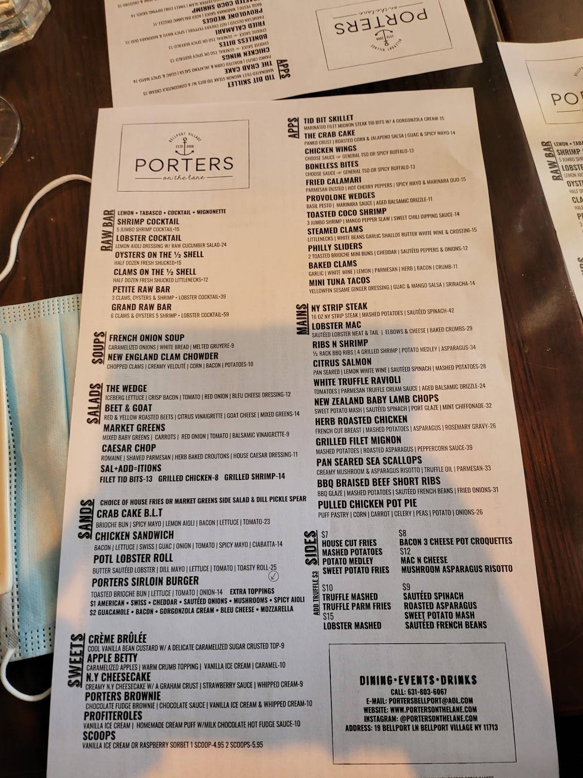 Menu at PORTERS on the lane restaurant, Bellport