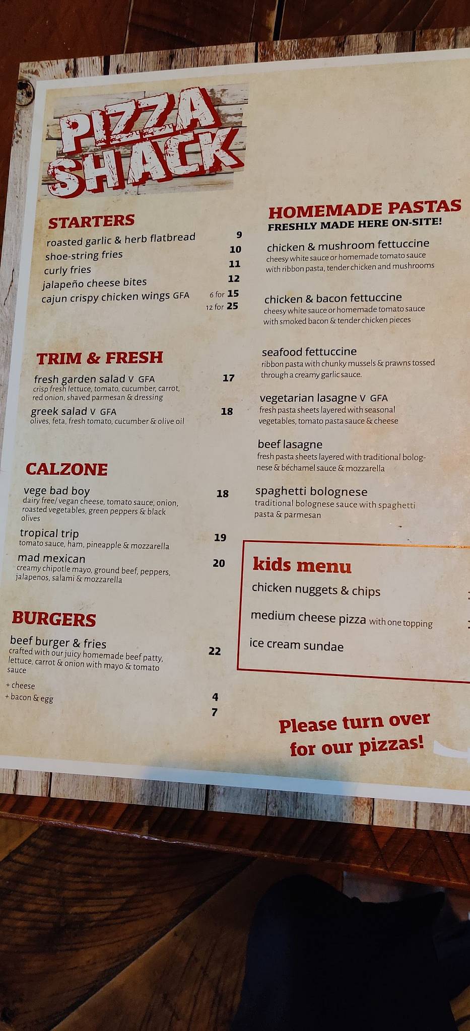 Menu at PIZZA SHACK pizzeria, Paihia