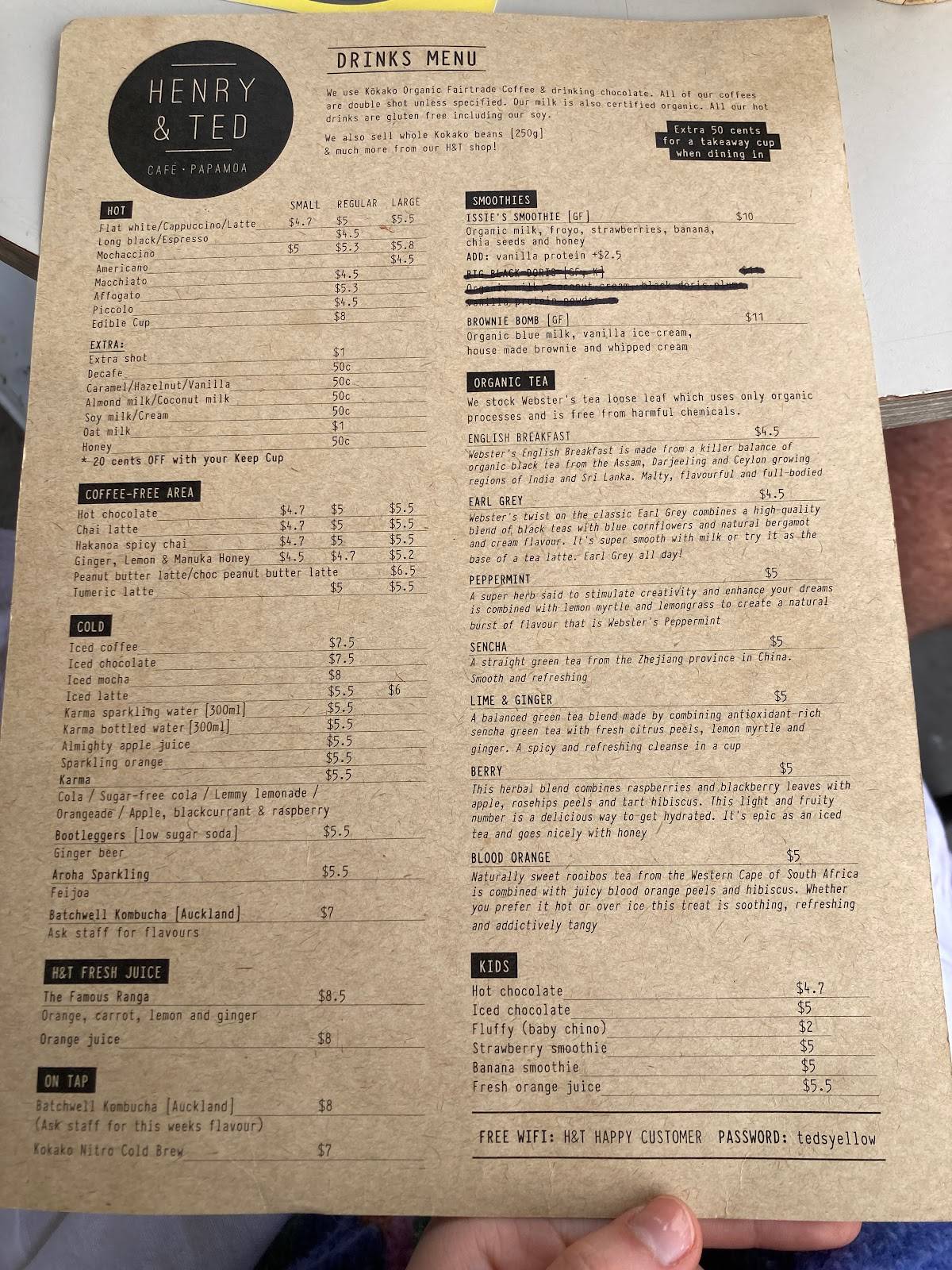 Menu at Henry & Ted cafe, Papamoa