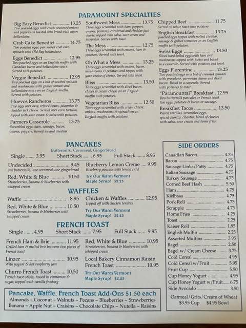 Menu at Paramount Diner cafe, Manasquan