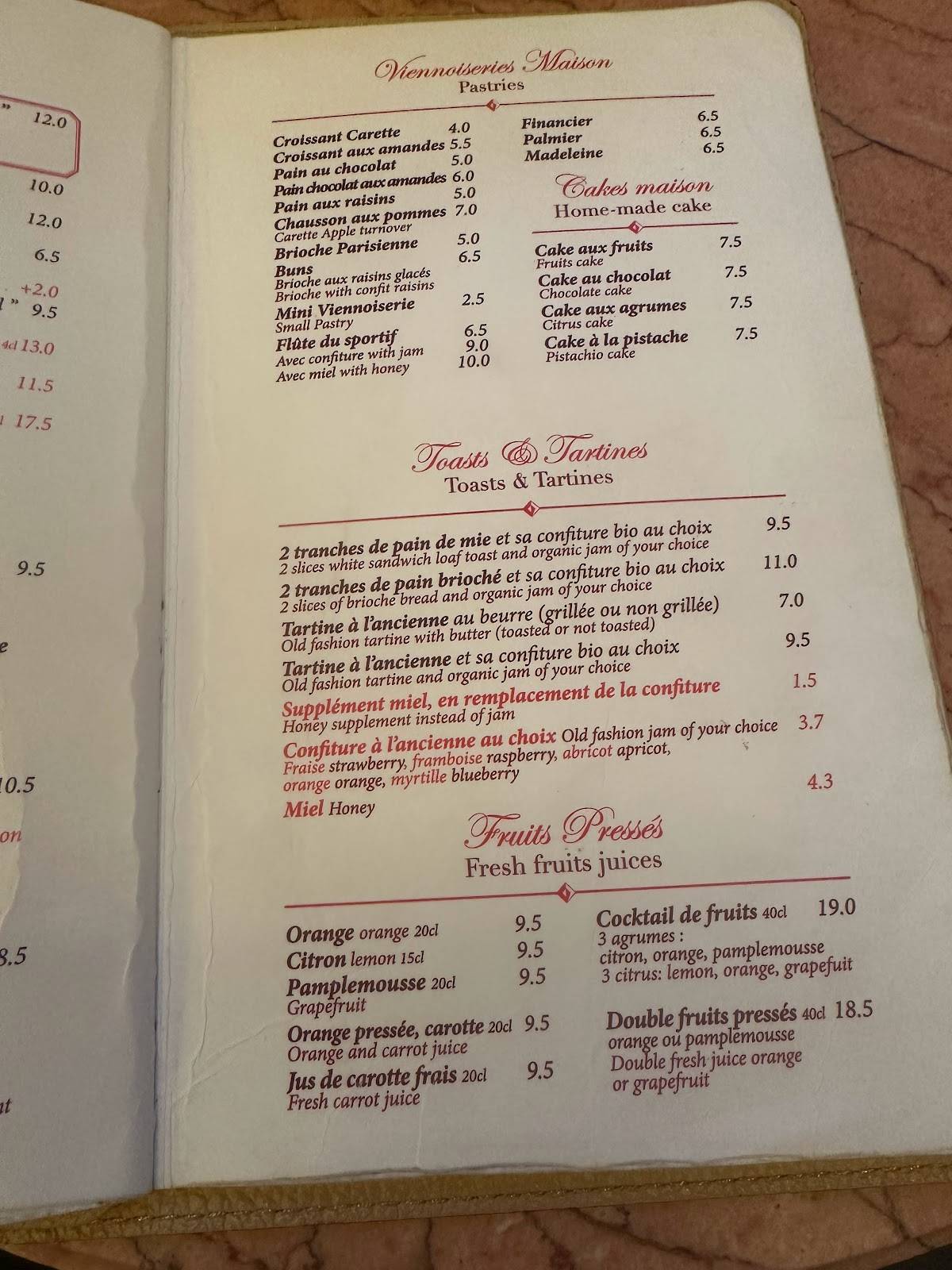 Menu au Carette pub et bar, Paris, 25 Pl. des Vosges