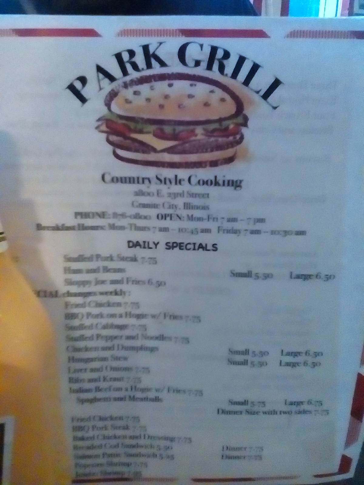 Menu at Park Grill restaurant, Granite City