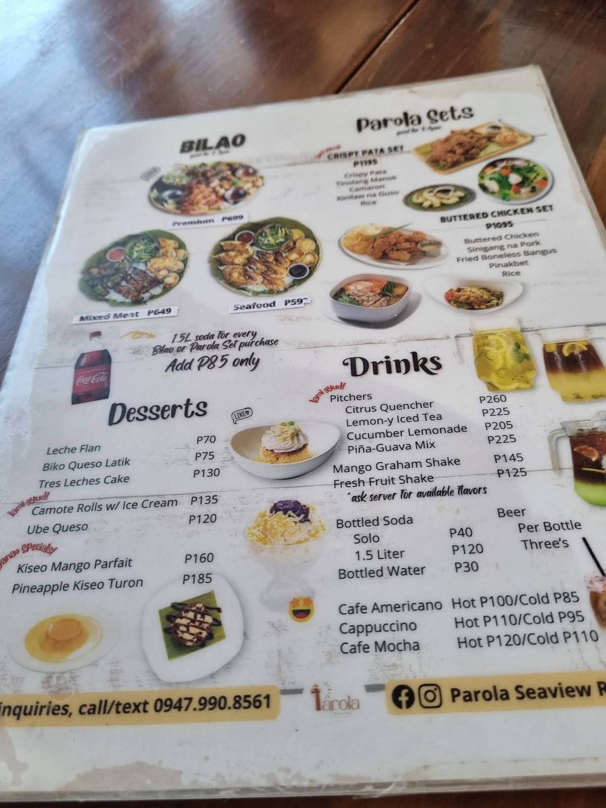 Menu at Parola Seaview Restaurant - Danao, Danao City
