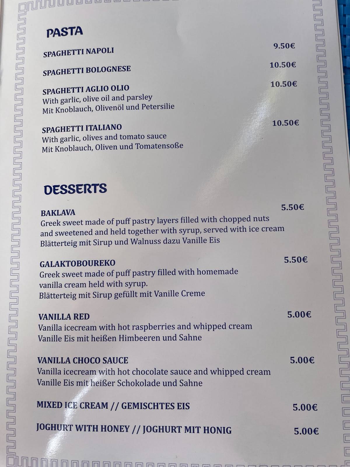 Menu at Parthenon restaurant, Peguera