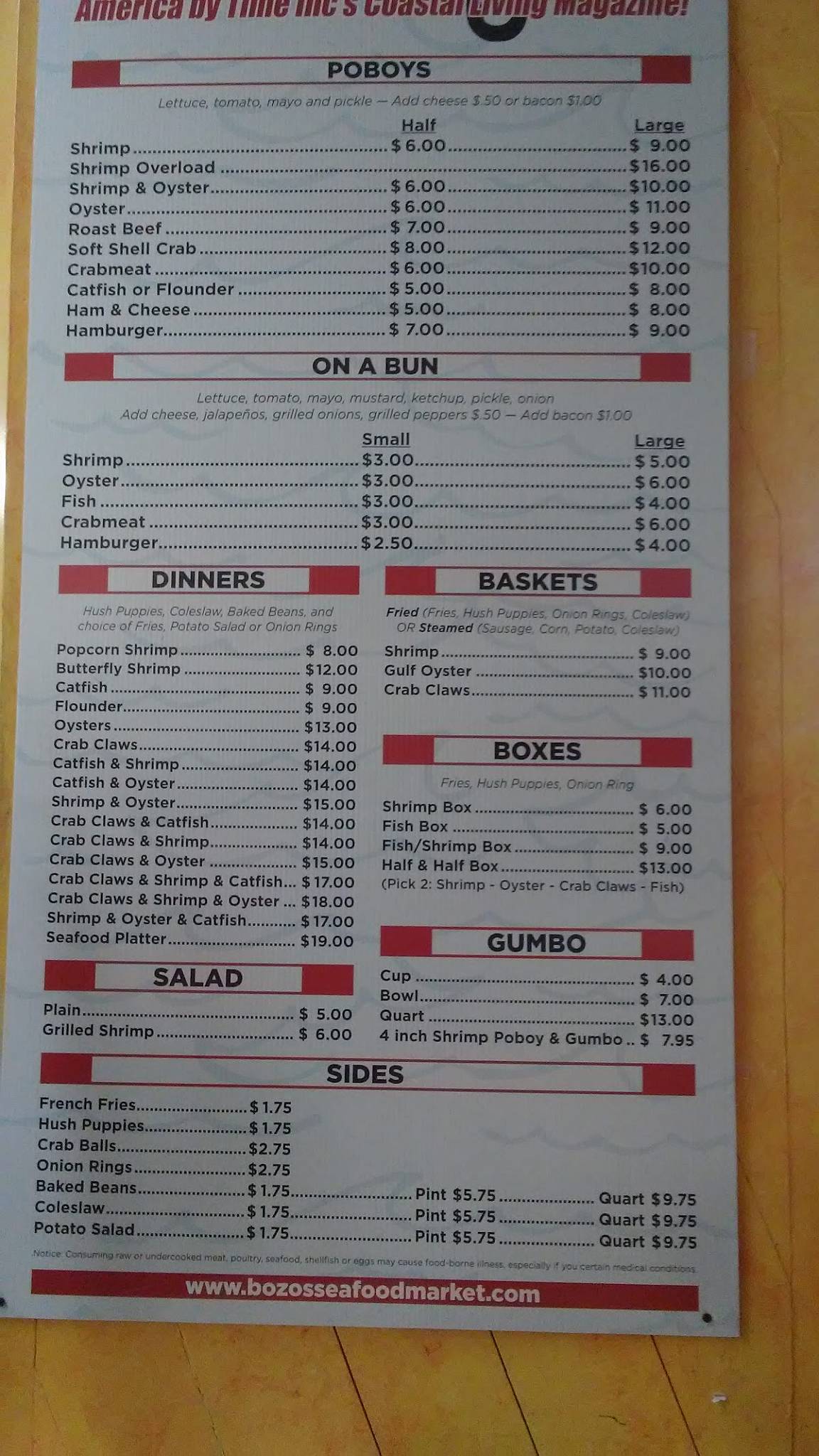 Menu at Bozo's Seafood Market restaurant, Pascagoula