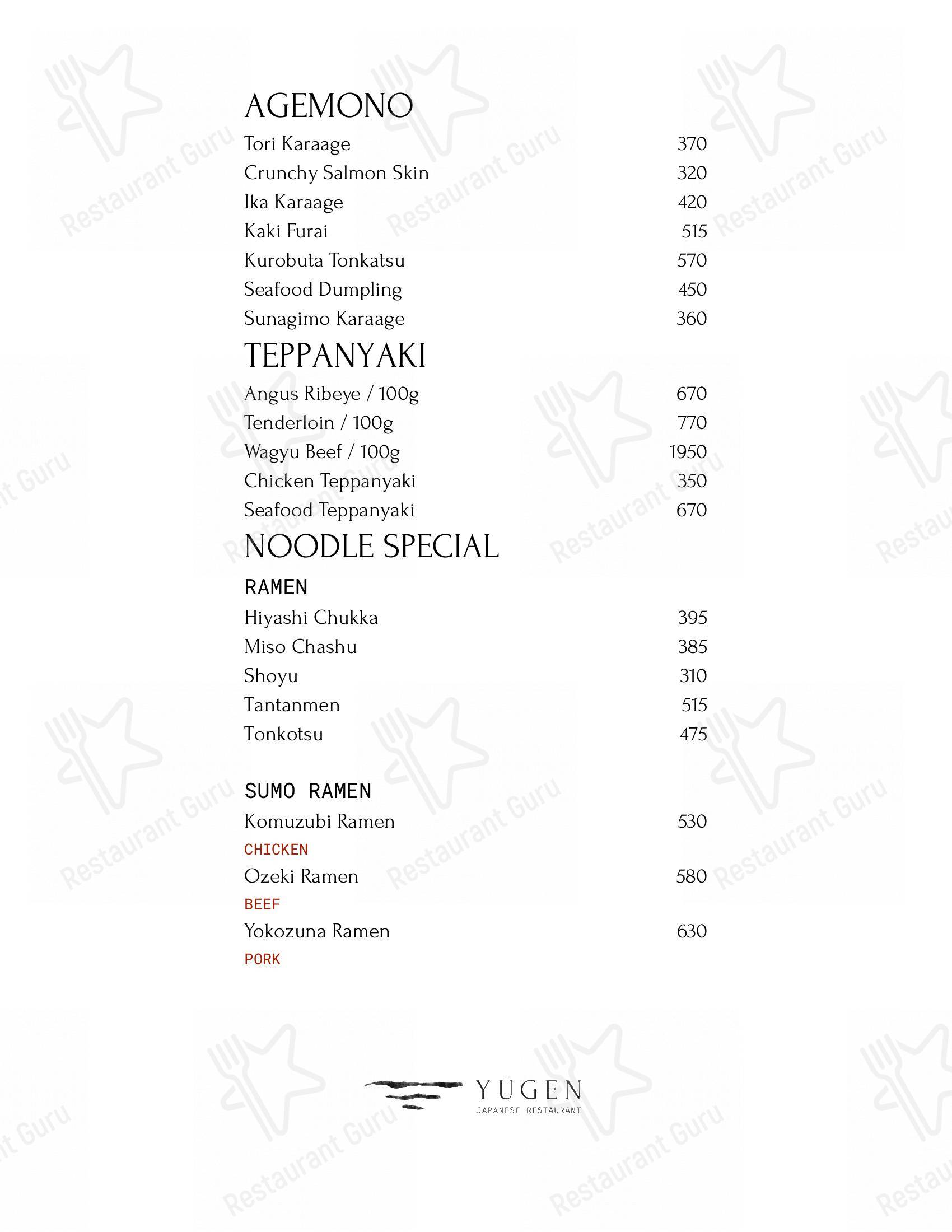 Menu at Yūgen Japanese Restaurant, Pasig