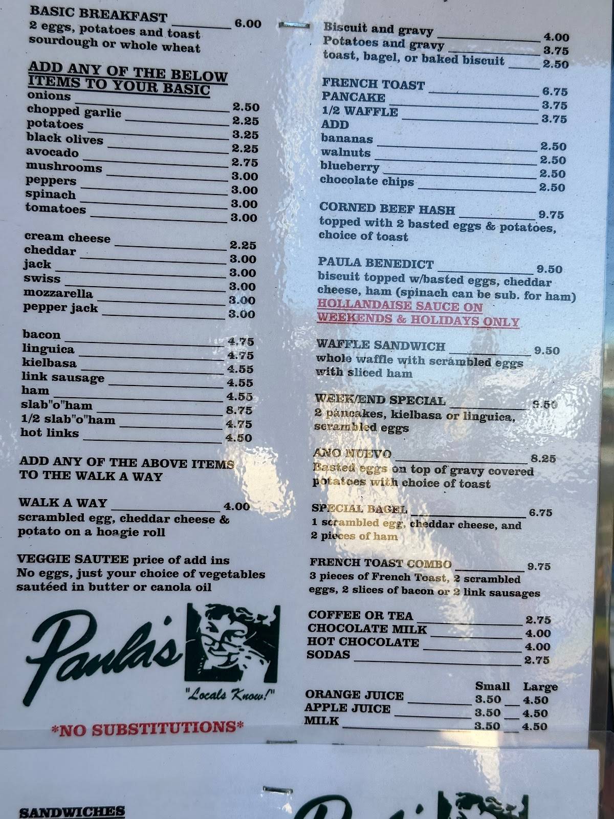 Menu at Paula's restaurant, Santa Cruz