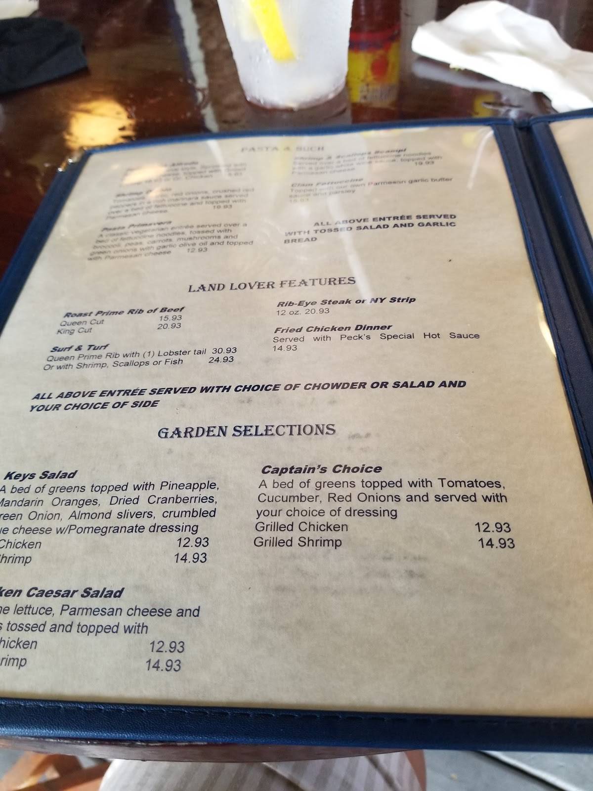 Menu at Peck's Old Port Cove restaurant, Crystal River
