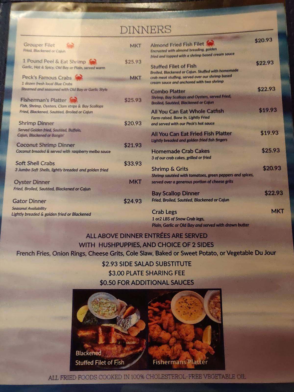 Menu at Peck's Old Port Cove restaurant, Crystal River
