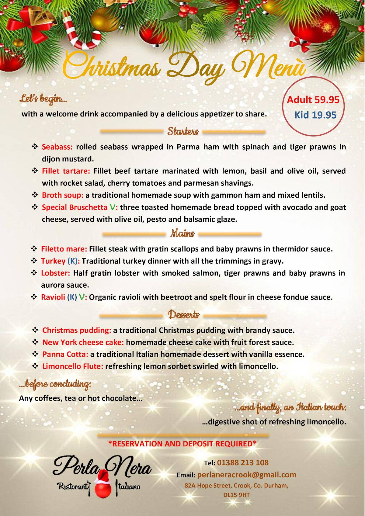 Menu at Perla Nera restaurant, Crook