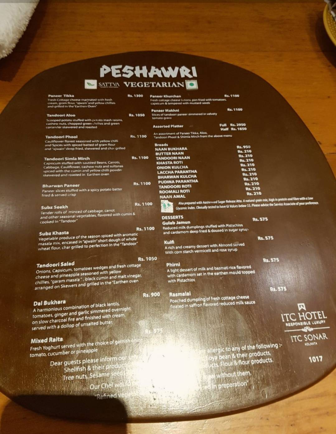 Menu at Peshawri -ITC Sonar, Kolkata, 1