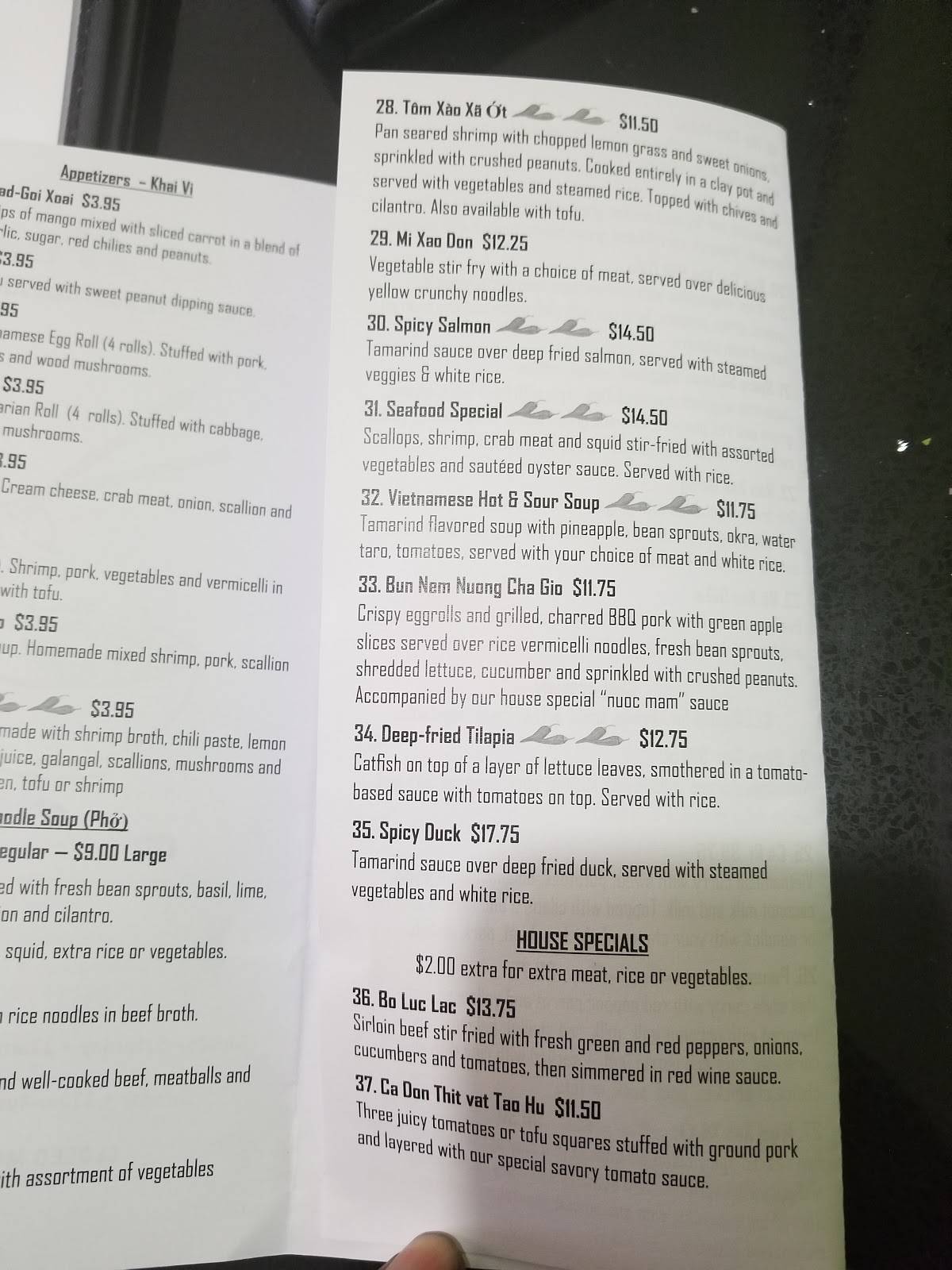 Menu at Pho Hong restaurant, Burlington